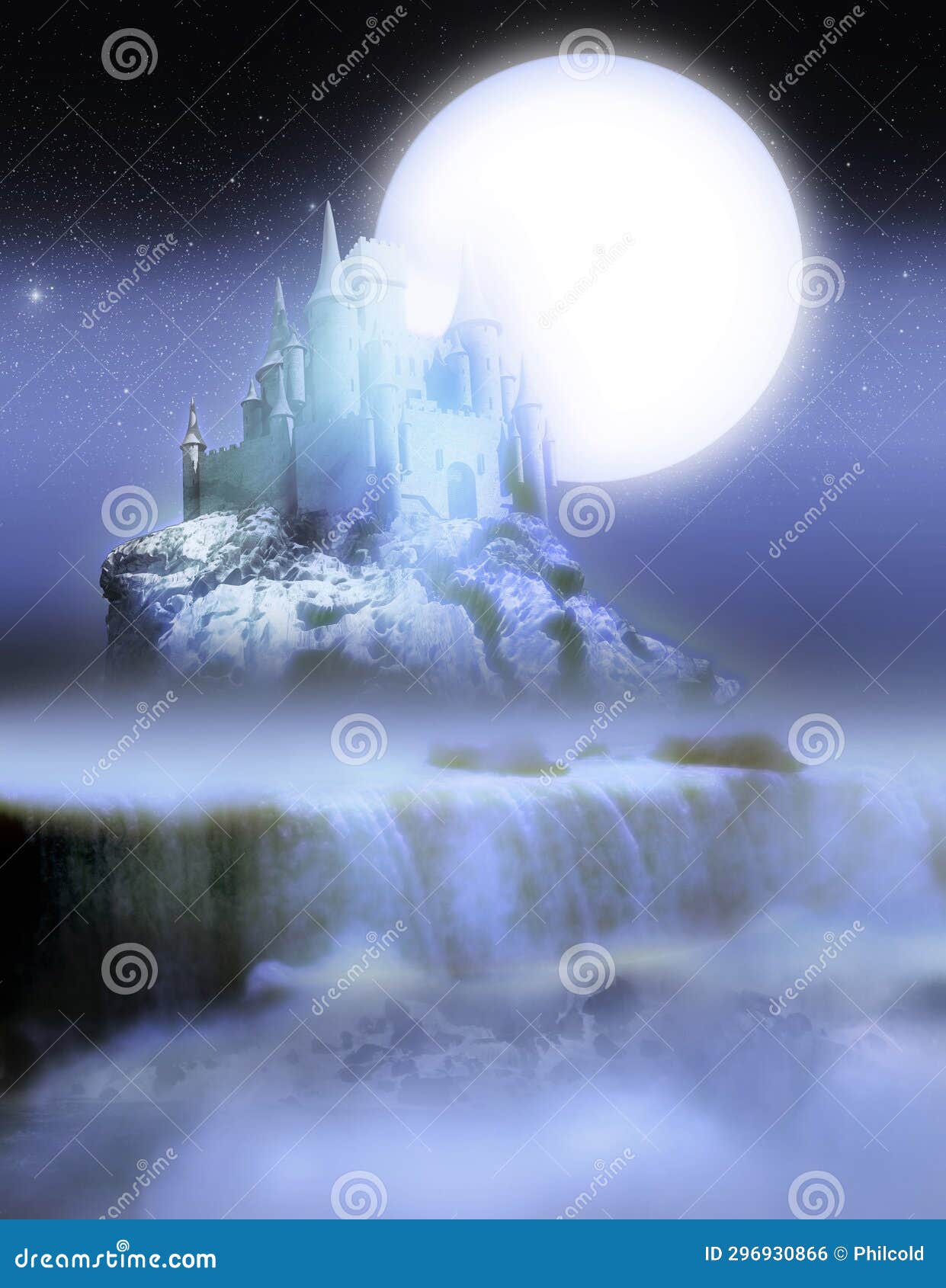Fantasy Castle Over Waterfall Stock Illustration - Illustration of full ...
