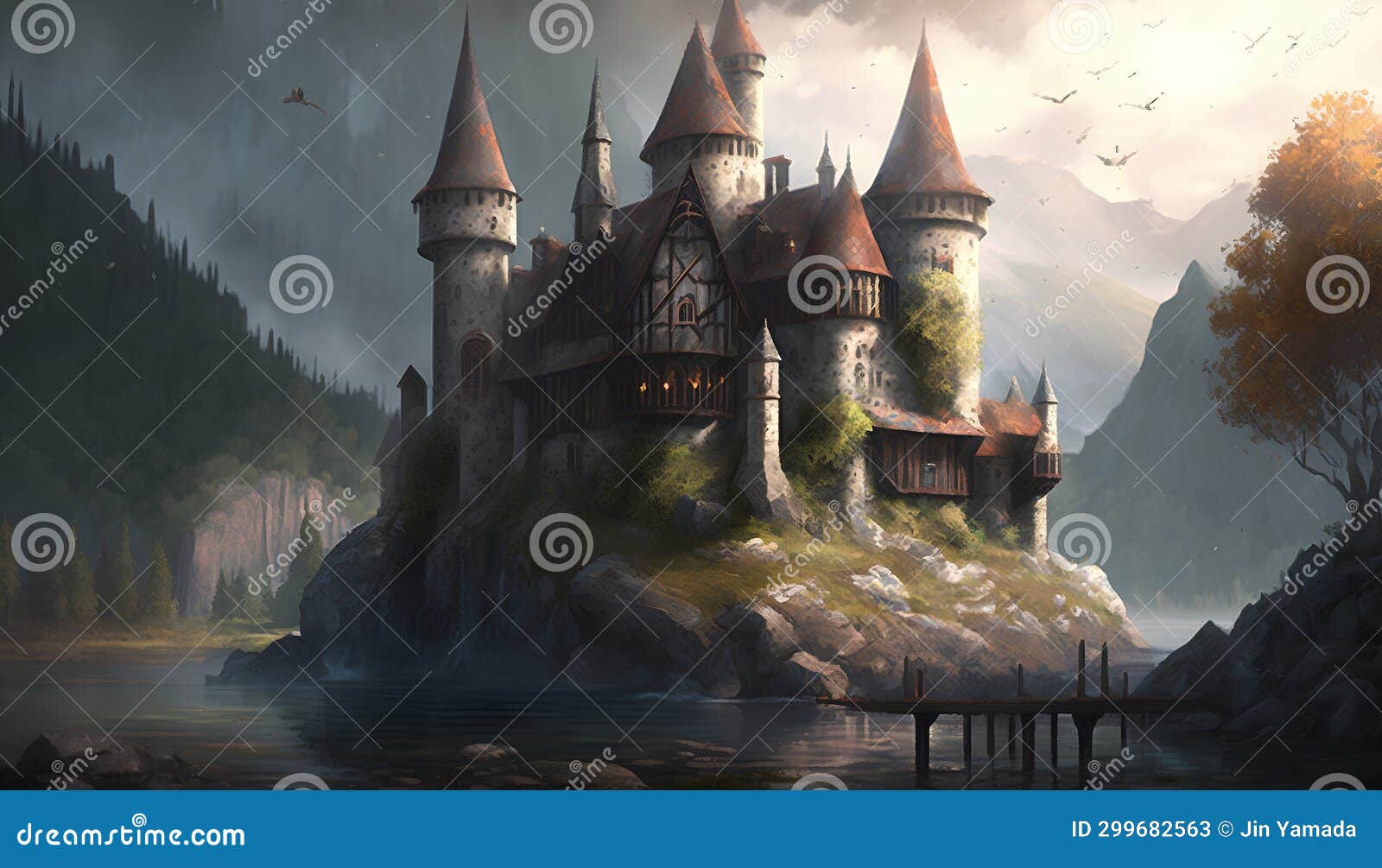 Fantasy Castle on the Shore of the Lake. 3d Illustration Stock ...