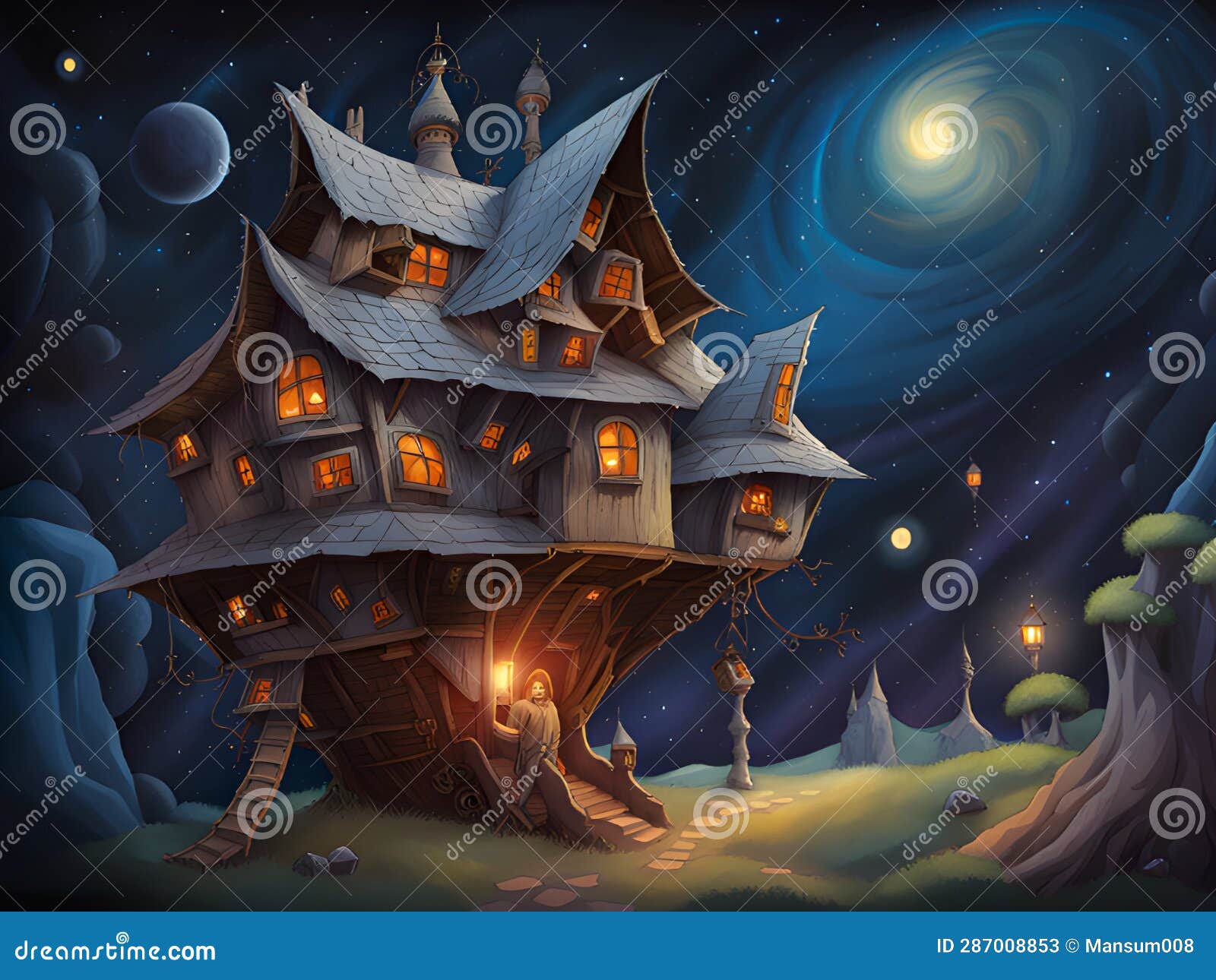 A Fantasy Castle in a Starry Night, AI Generated Stock Image - Image of ...