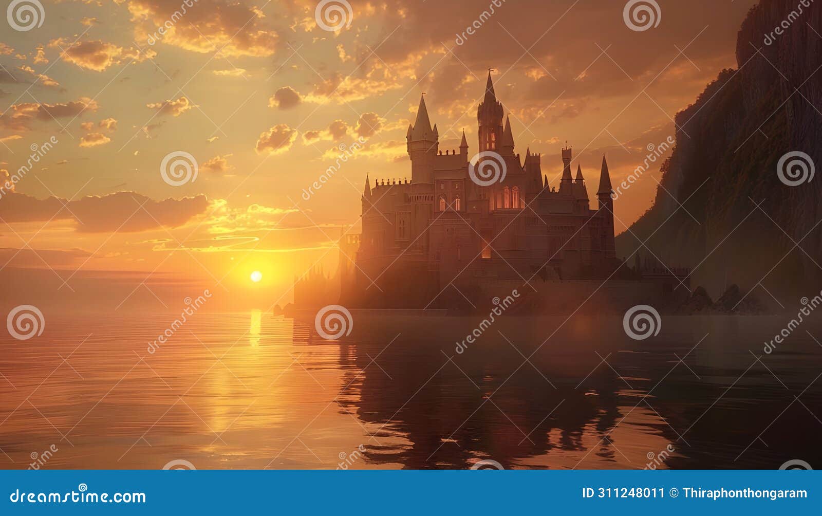 Fantasy castle at sunset stock illustration. Illustration of godrays ...