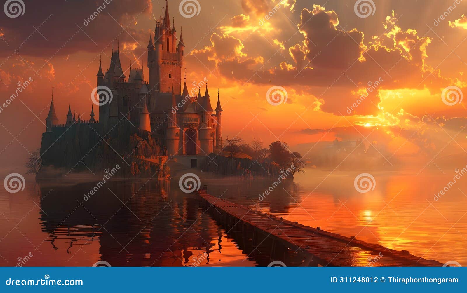 Fantasy castle at sunset stock illustration. Illustration of clouds ...