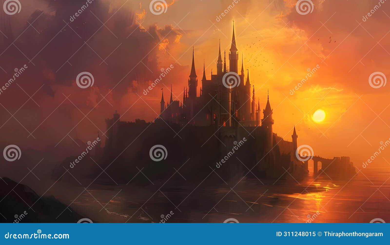 Fantasy castle at sunset stock illustration. Illustration of mountain ...
