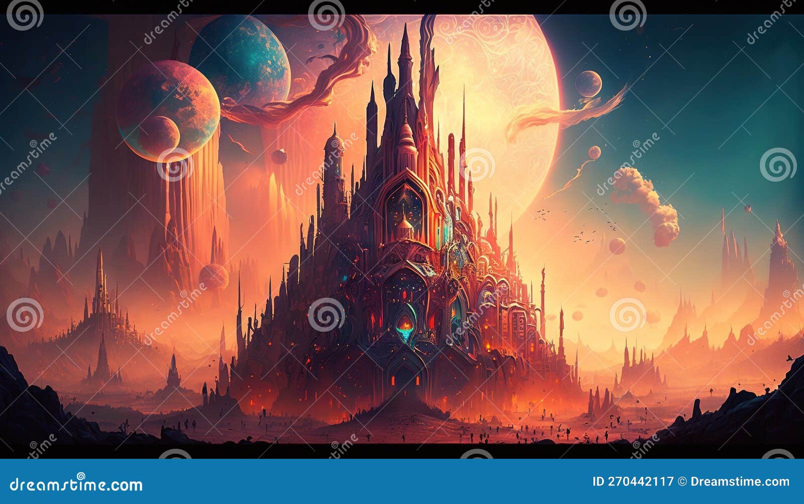 A Fantasy Castle Surrounded by Planets in the Sky at Night. Stock ...