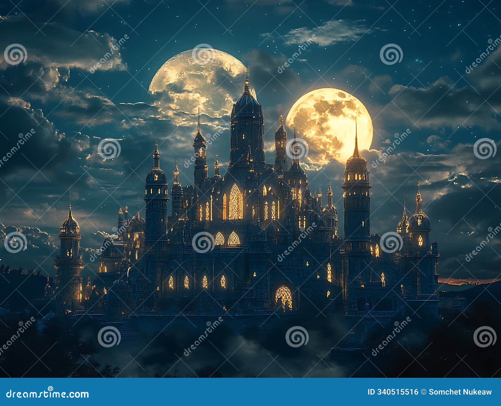 Fantasy Castle Under a Moonlit Sky with Glowing Windows Stock ...