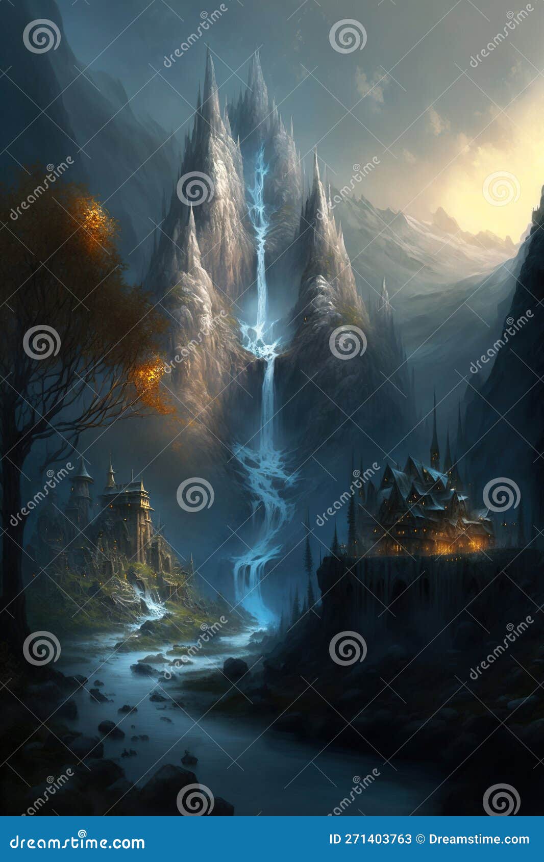 Fantasy Castle and Waterfall in the Mountains Stock Illustration ...