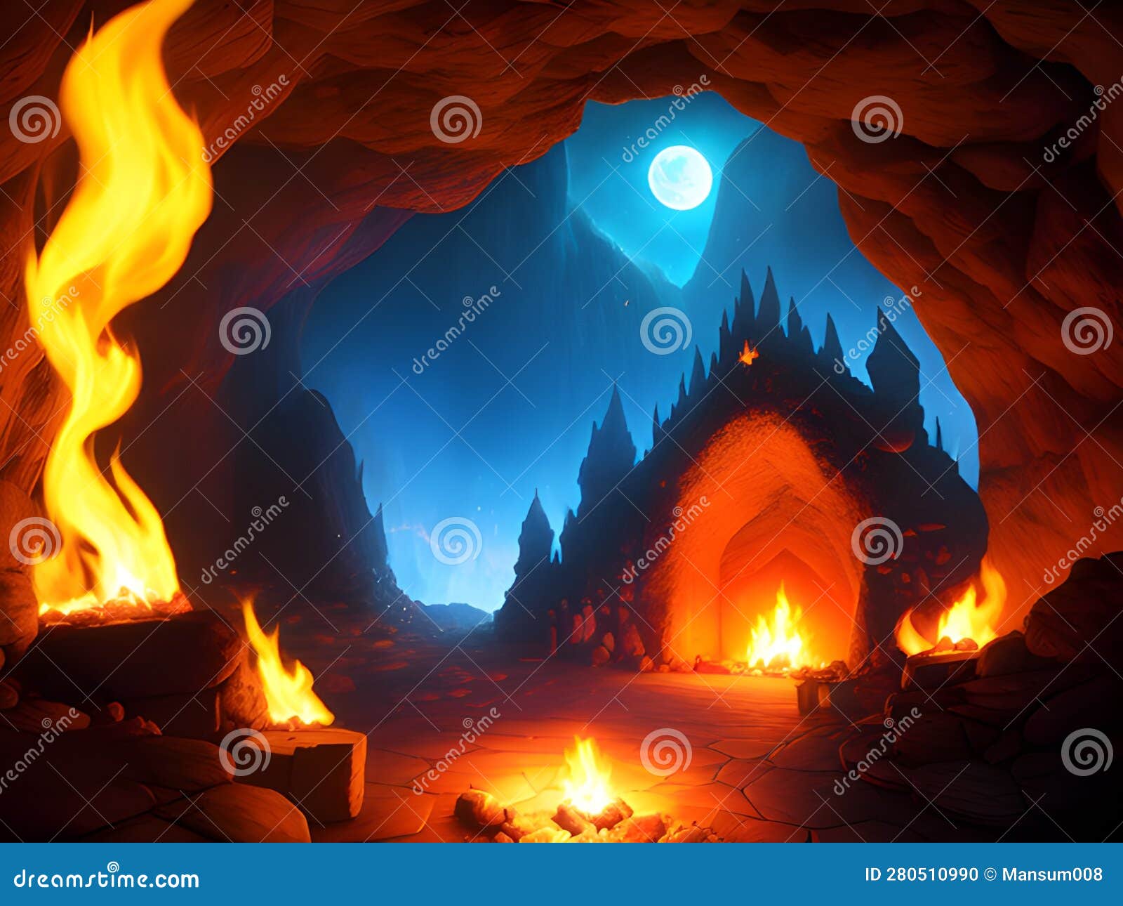 Fantasy Cave with Fire Inside, Ai Generated Stock Illustration ...