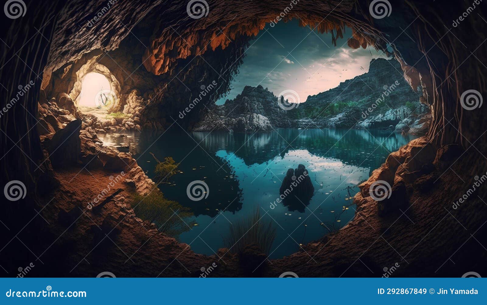 Fantasy Cave with a Reflection in the Water. 3d Render Stock ...