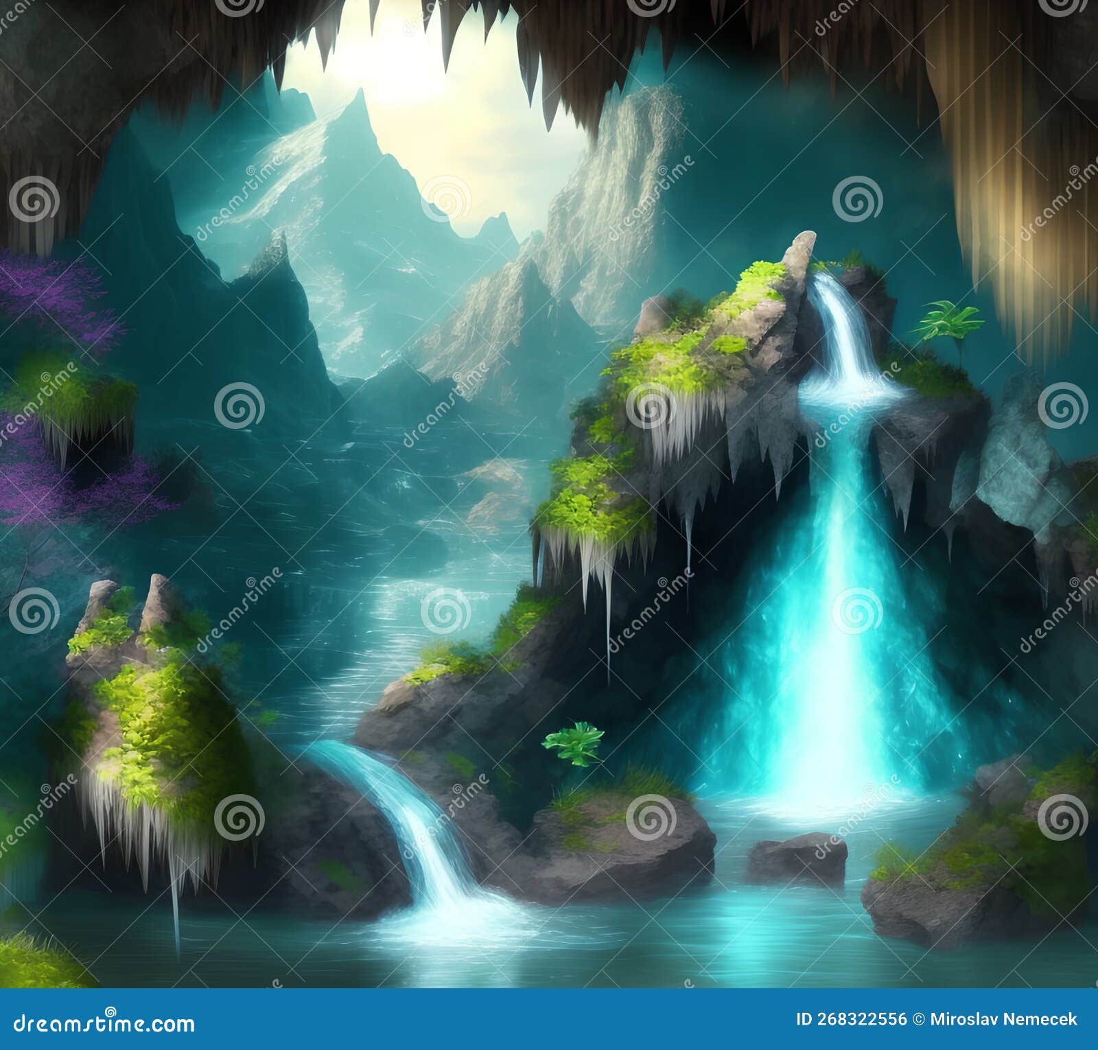 Fantasy Cave Waterfall, Generative AI Illustration Stock Illustration ...