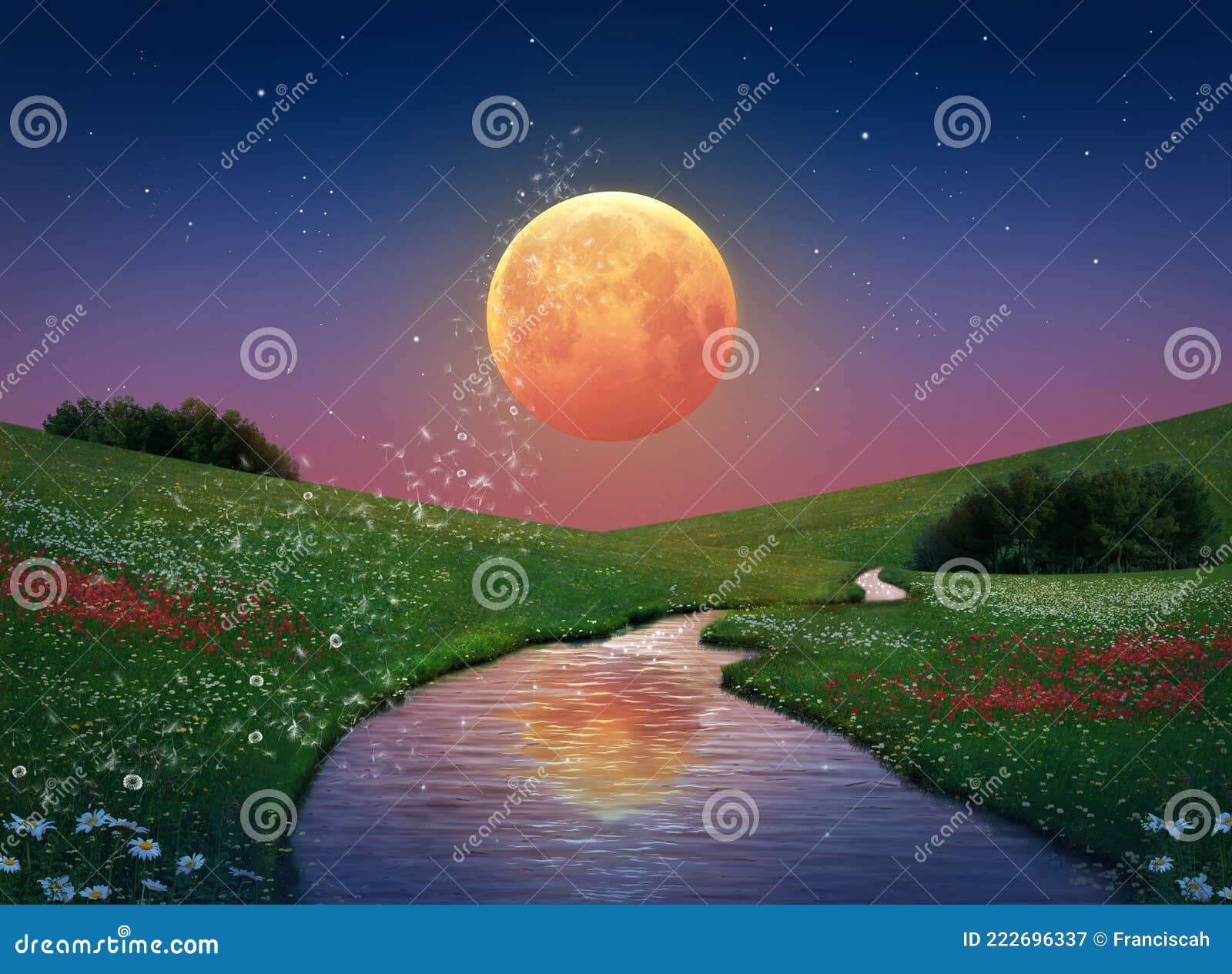 Fantasy Cherry Moon Over the Field and the River Stock Illustration ...