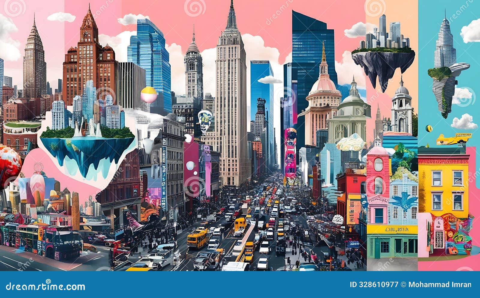 Fantasy Cityscape a Collage of Floating Islands and Busy Streets Stock ...