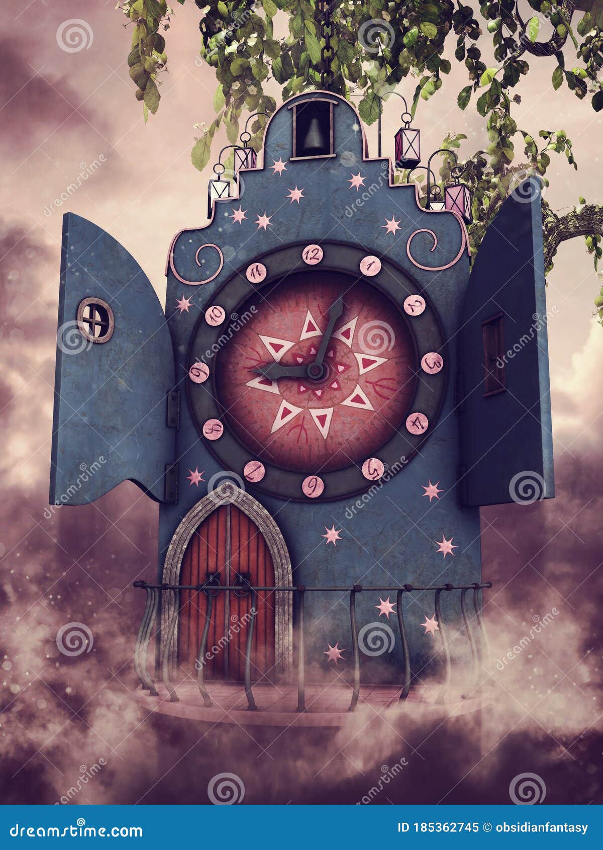 Fantasy Clock House Hanging from a Tree Stock Illustration ...
