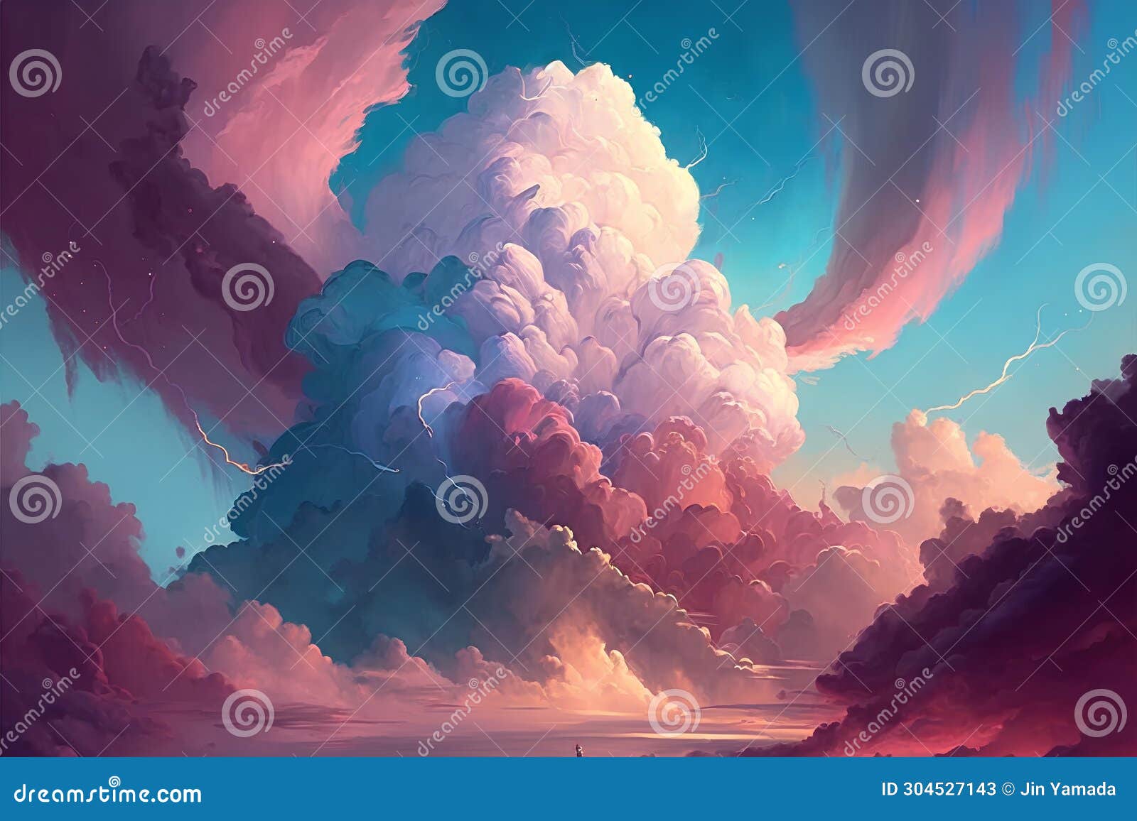 Fantasy Cloudscape with Lightning in the Sky. 3d Illustration Stock ...
