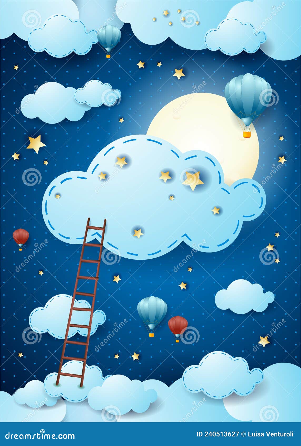Fantasy Cloudscape at Night with Full Moon, Cloud and Ladder. Stock ...
