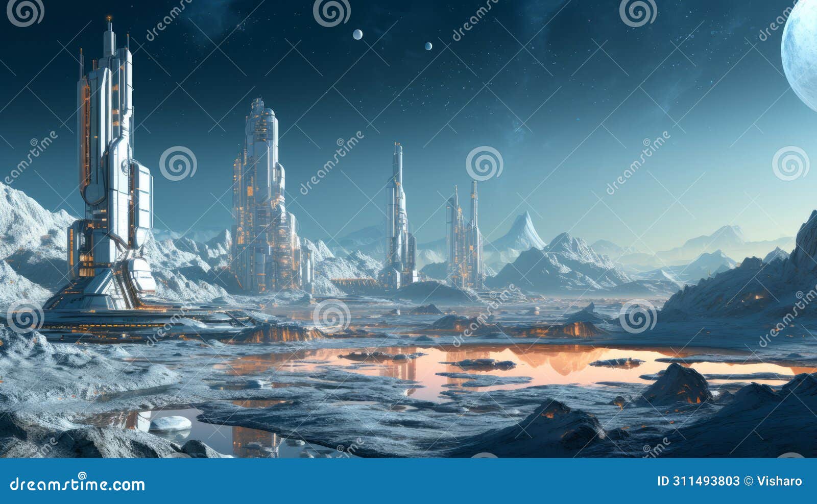 Fantasy Cold Planet with Space Center or Skyscrapers Stock Illustration ...