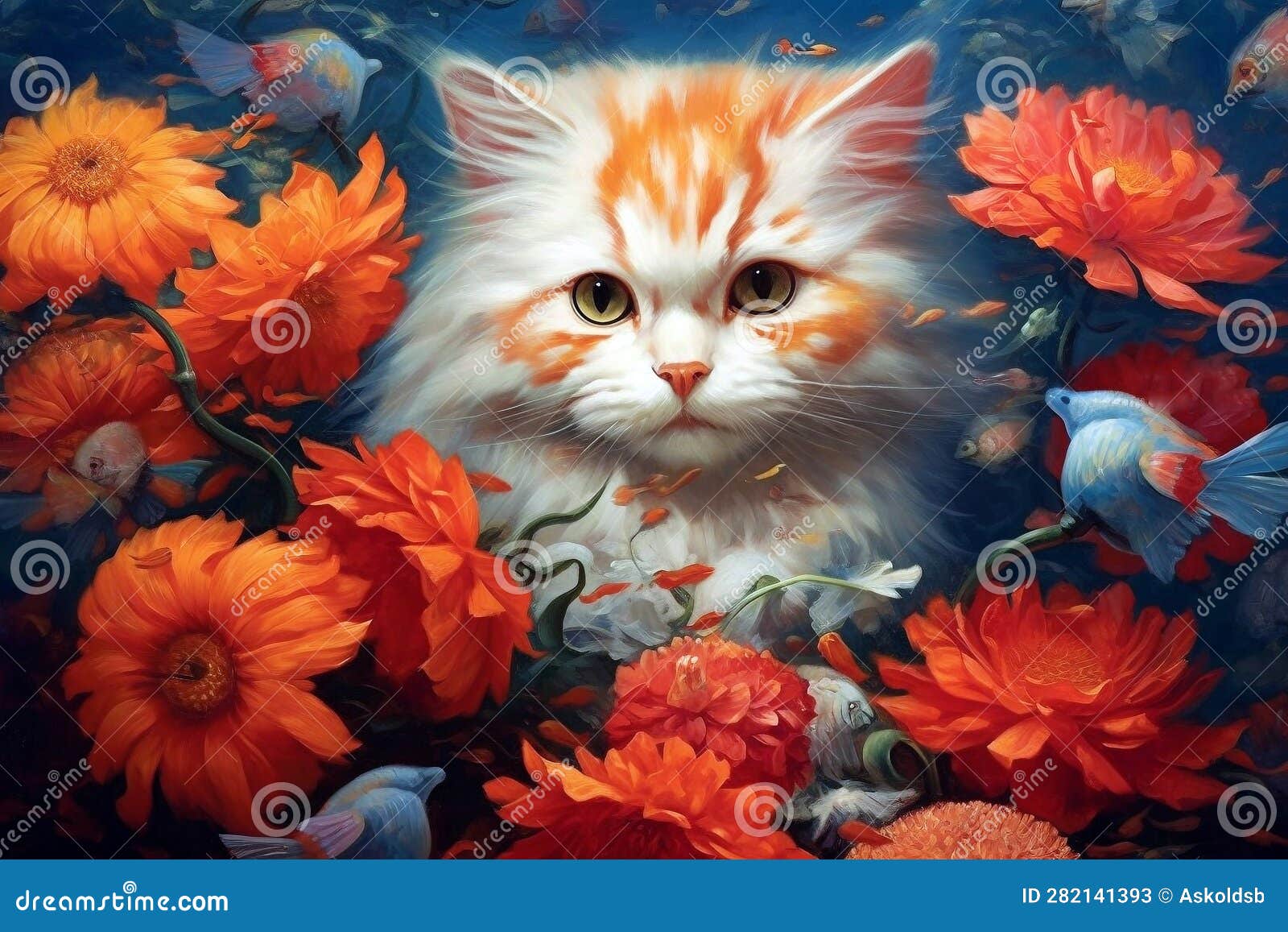 Fantasy Collage, Cat with Fish and Flowers, Generative Ai Stock ...