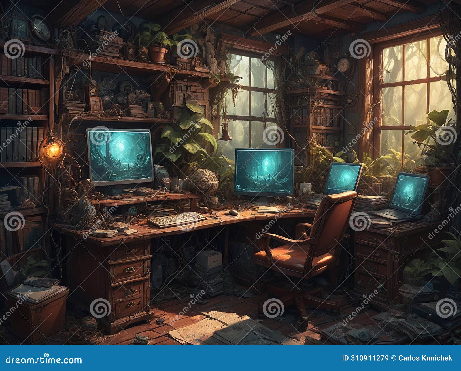 Fantasy Computer Workplace Illustration - Generate by Ai Stock ...