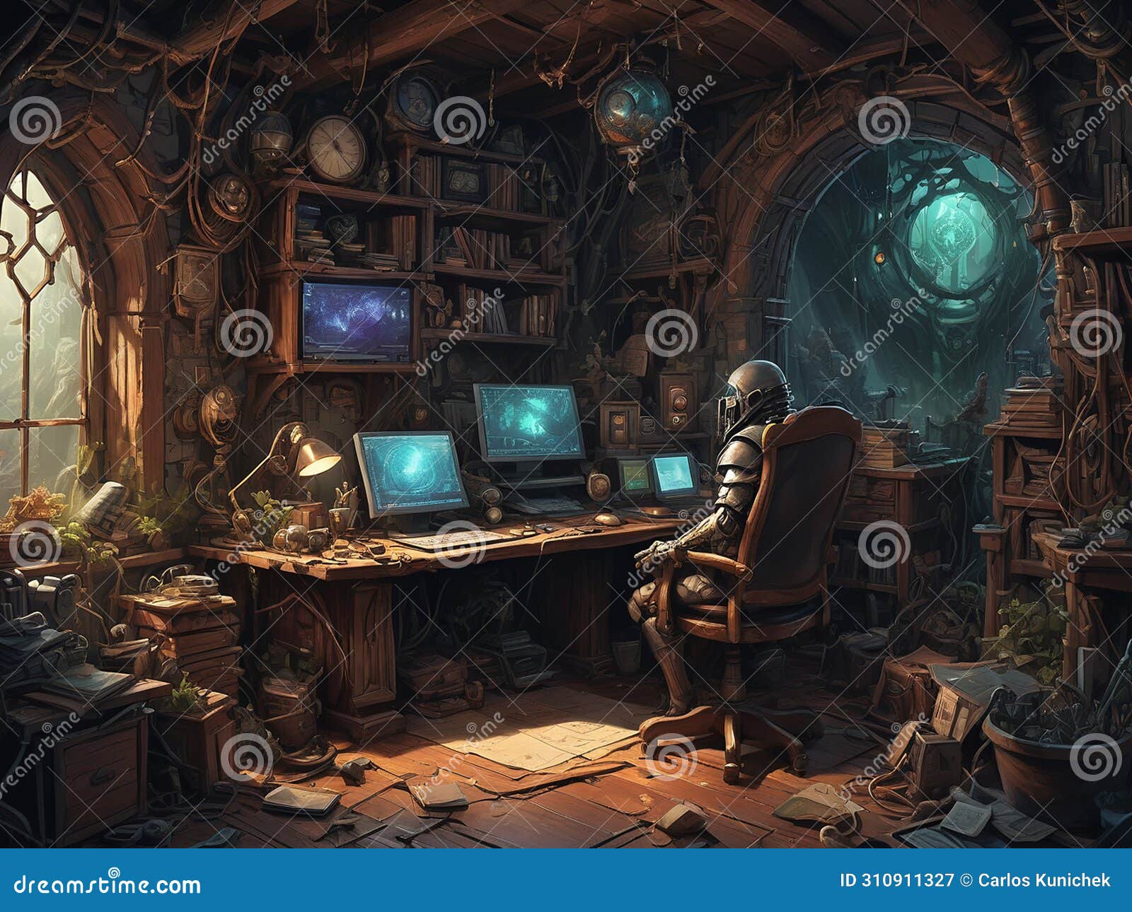 Fantasy Computer Workplace Illustration - Generate by Ai Stock ...