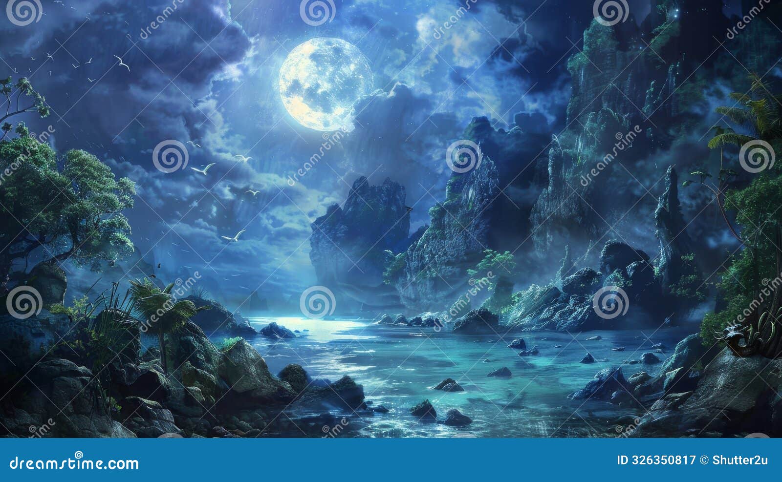 A Fantasy Cove With Hidden Treasure Illuminated By Moonlight Piercing ...