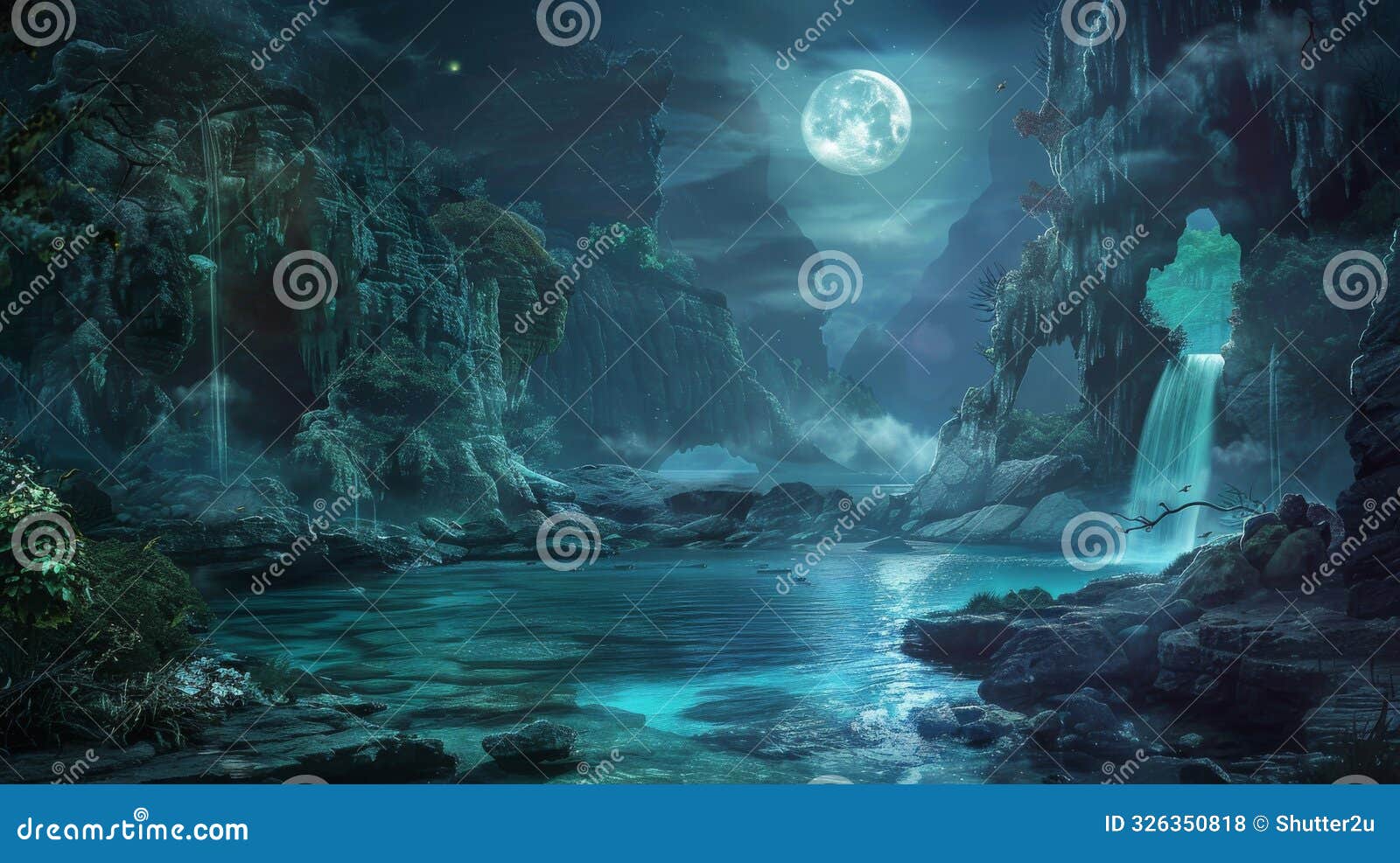 A Fantasy Cove With Hidden Treasure Illuminated By Moonlight Piercing ...