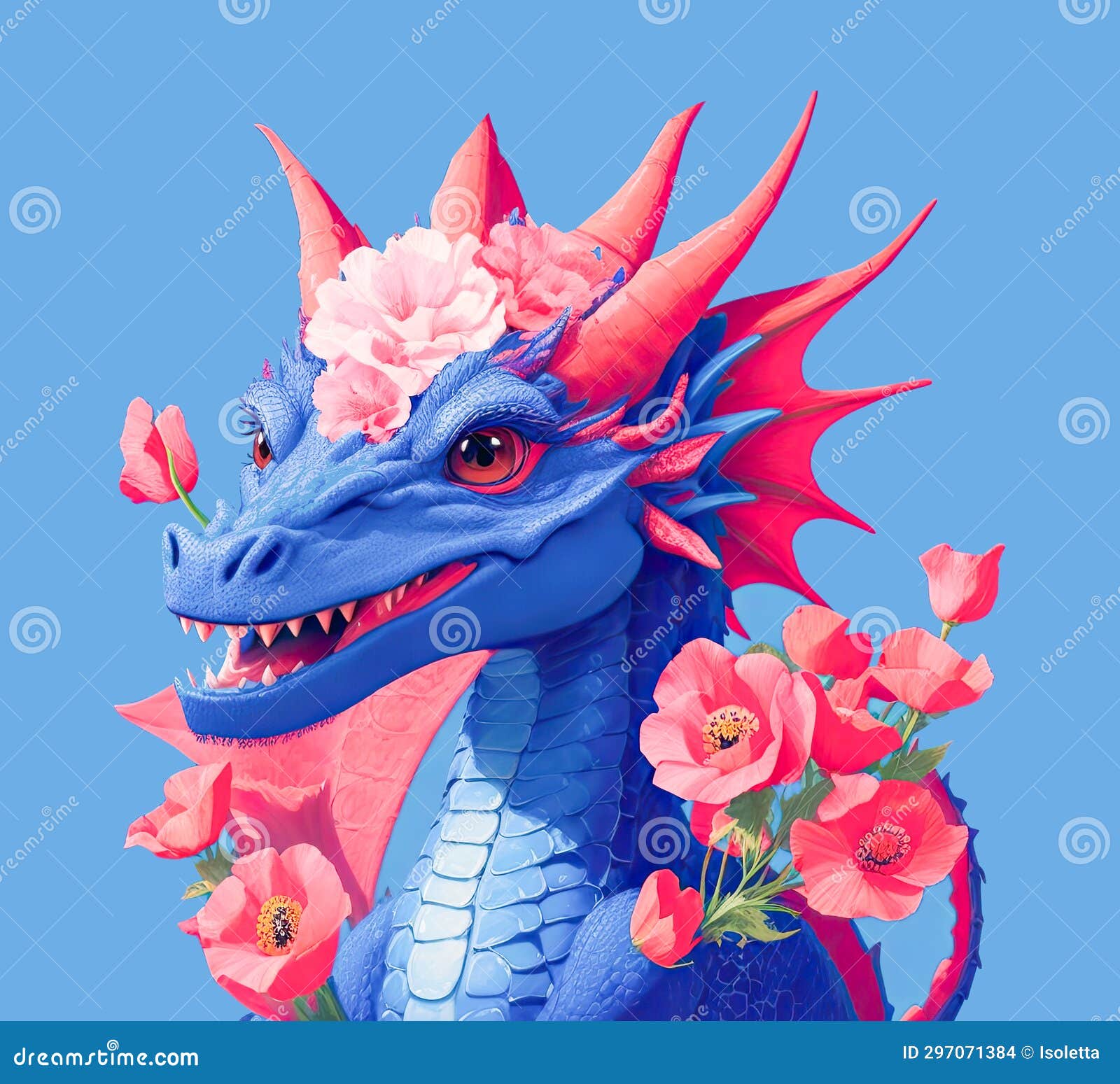 Fantasy Cute Dragon with Pink Flowers on Blue Background Stock Photo ...