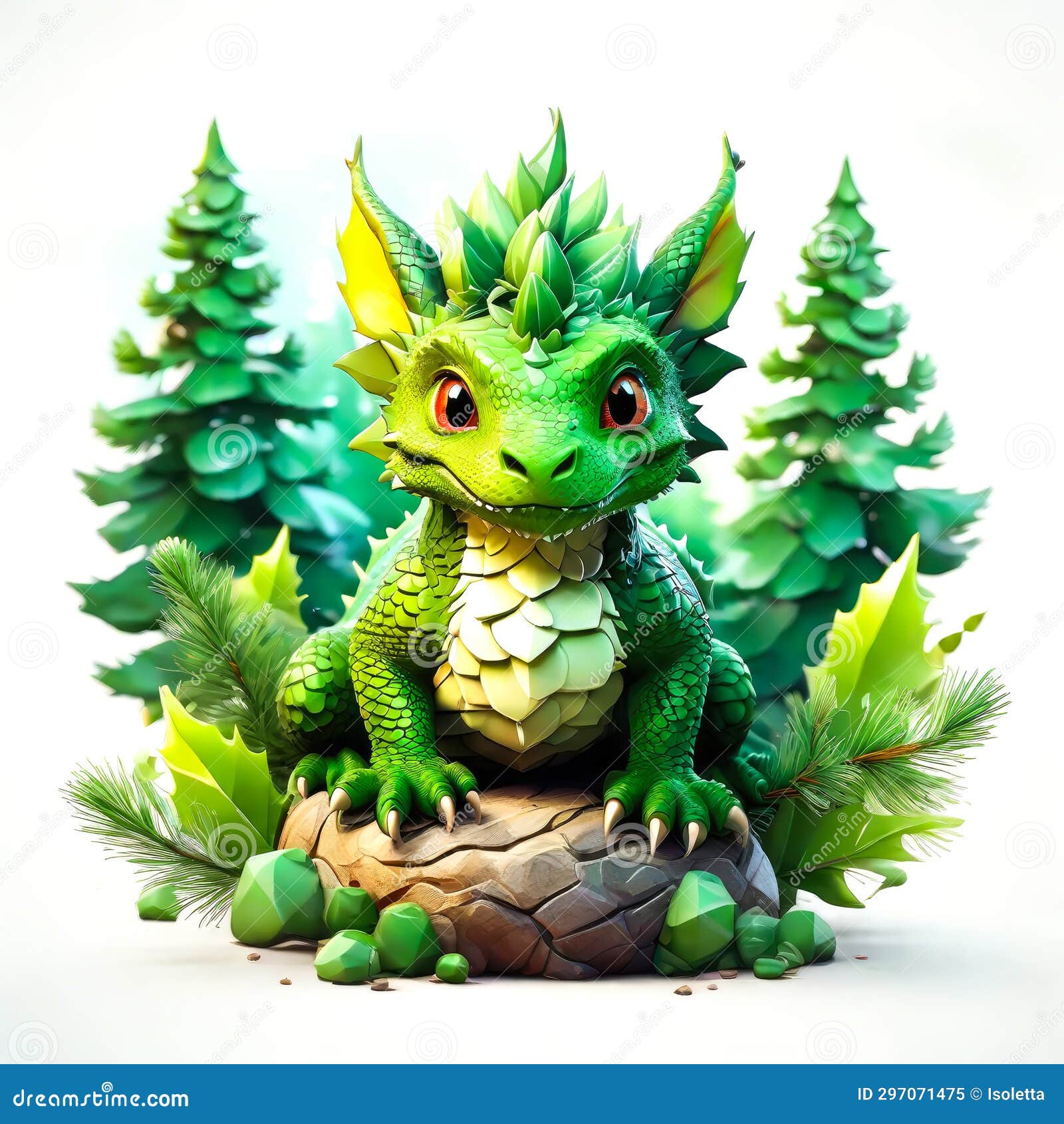 Fantasy Cute Green Dragon with Pine Cone on Spruce Trees Background ...