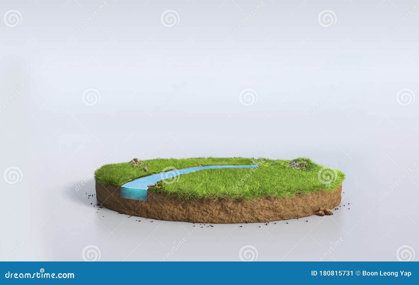 Fantasy 3D Rendering Circle Podium Grass Field With River, Surrealism ...