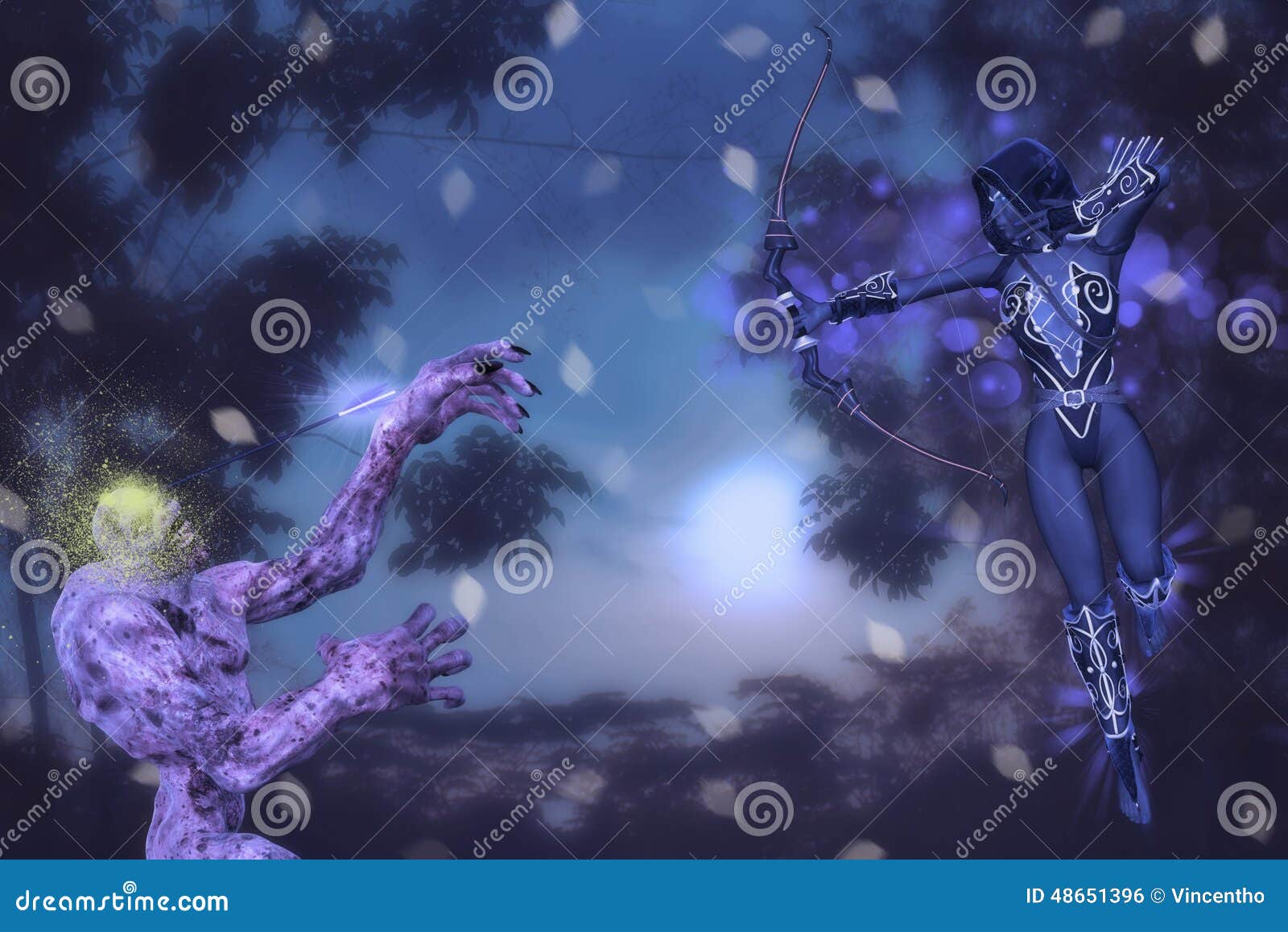 Fantasy Dark Elf Combating Monster Creature Illustration Stock Photo ...