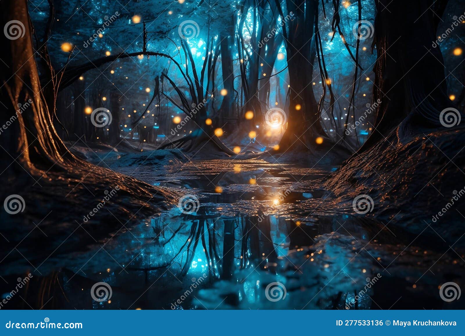 Fantasy Dark Forest with Blue Lights Stock Illustration - Illustration ...