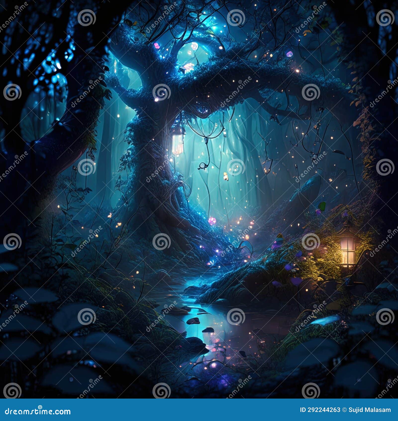 Fantasy Dark Forest with Magic Light. 3d Rendering, 3d Illustration ...