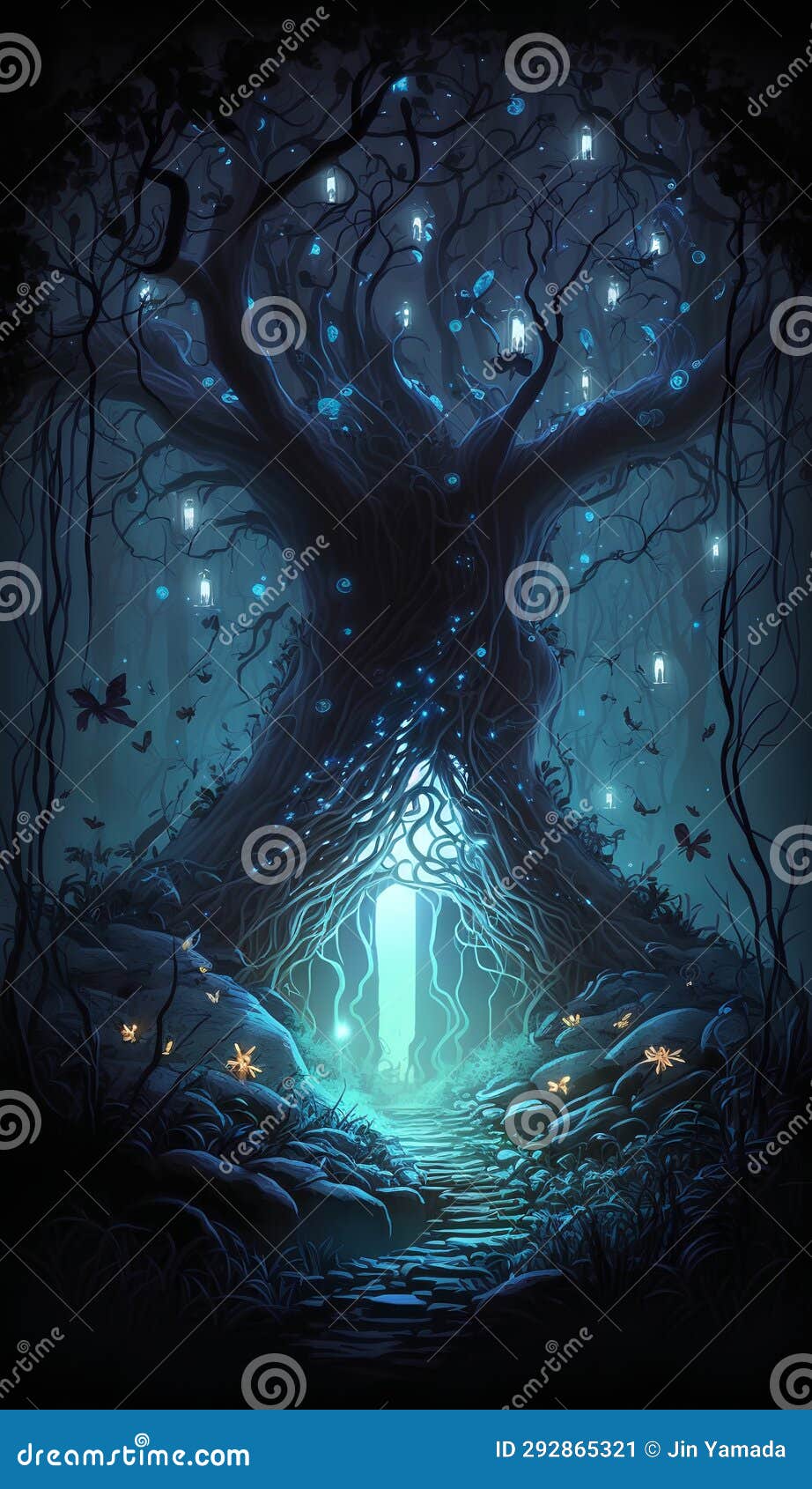 Fantasy Dark Forest with Magic Tree and Flying Bats, Vector ...