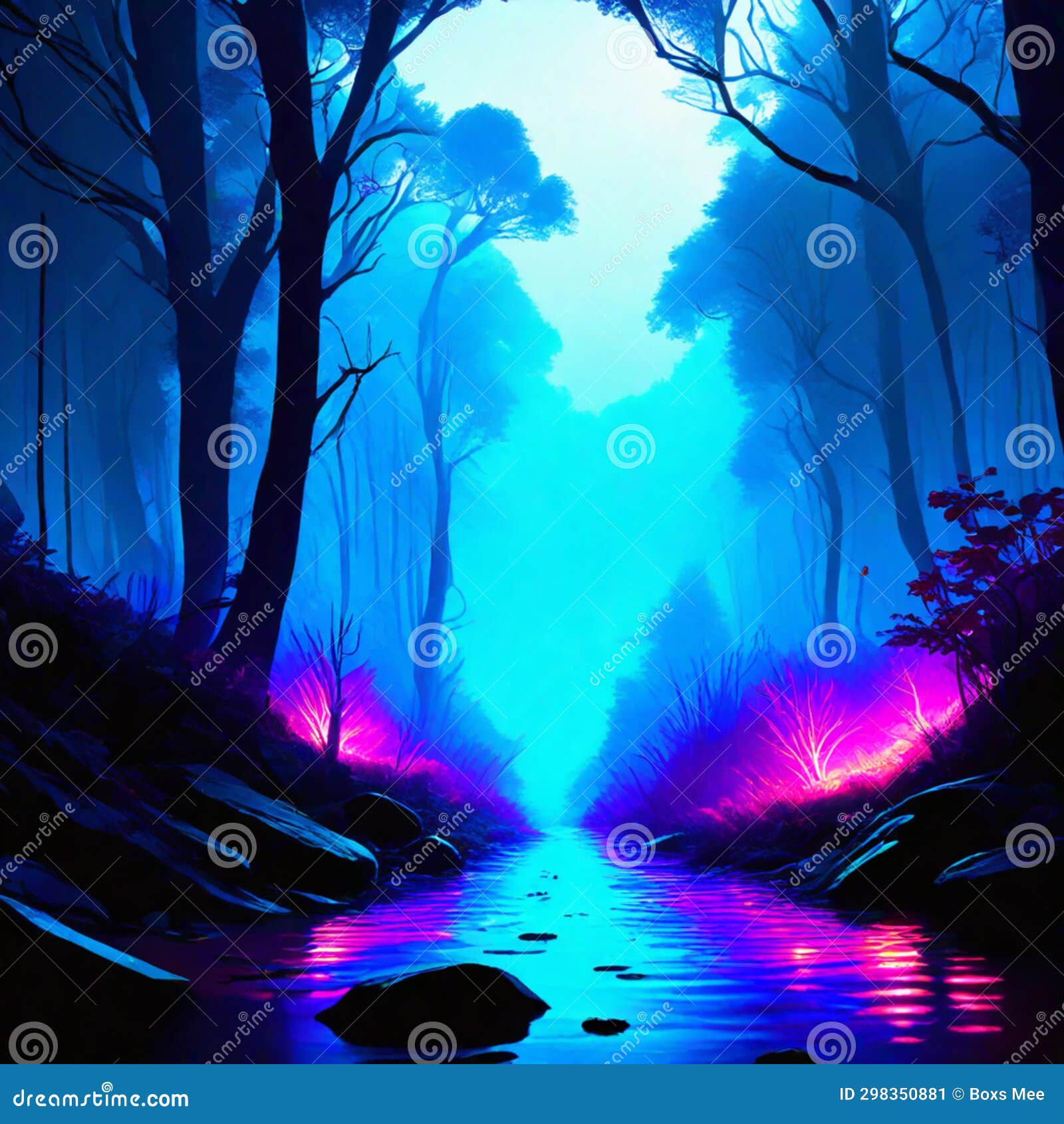 Fantasy Dark Forest in Neon Light, 3d Rendering. Computer Digital ...