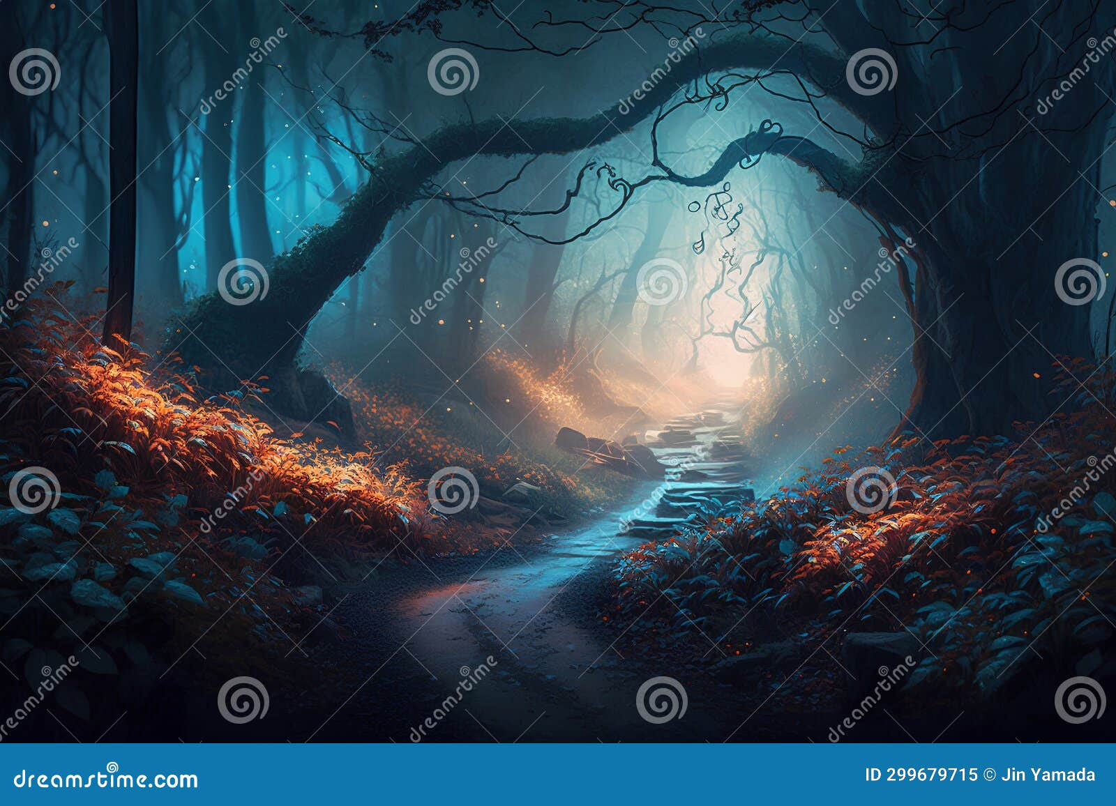 Fantasy Dark Forest with a Path through the Trees. 3d Rendering Stock ...