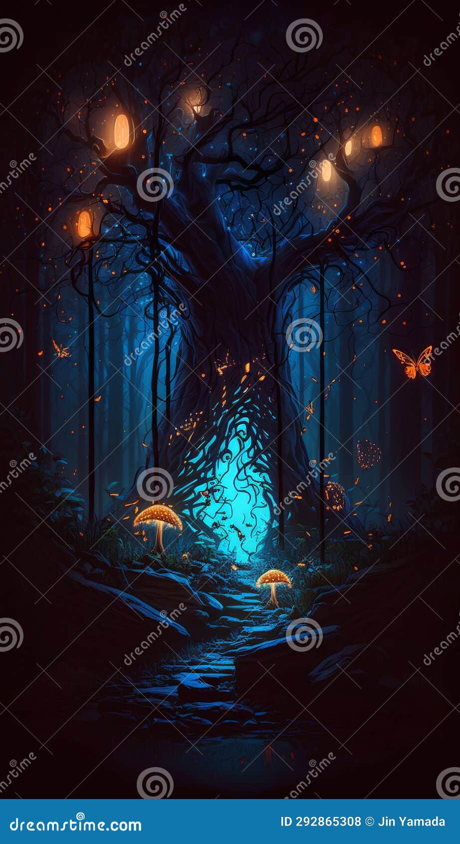Fantasy Dark Forest with Trees, Lights and Mushrooms. Vector ...