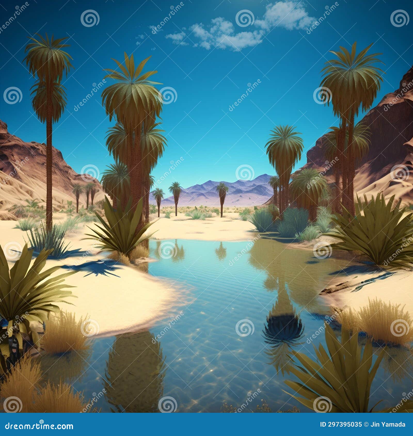 Fantasy Desert Landscape with Palm Trees and Lake. 3d Render Stock ...