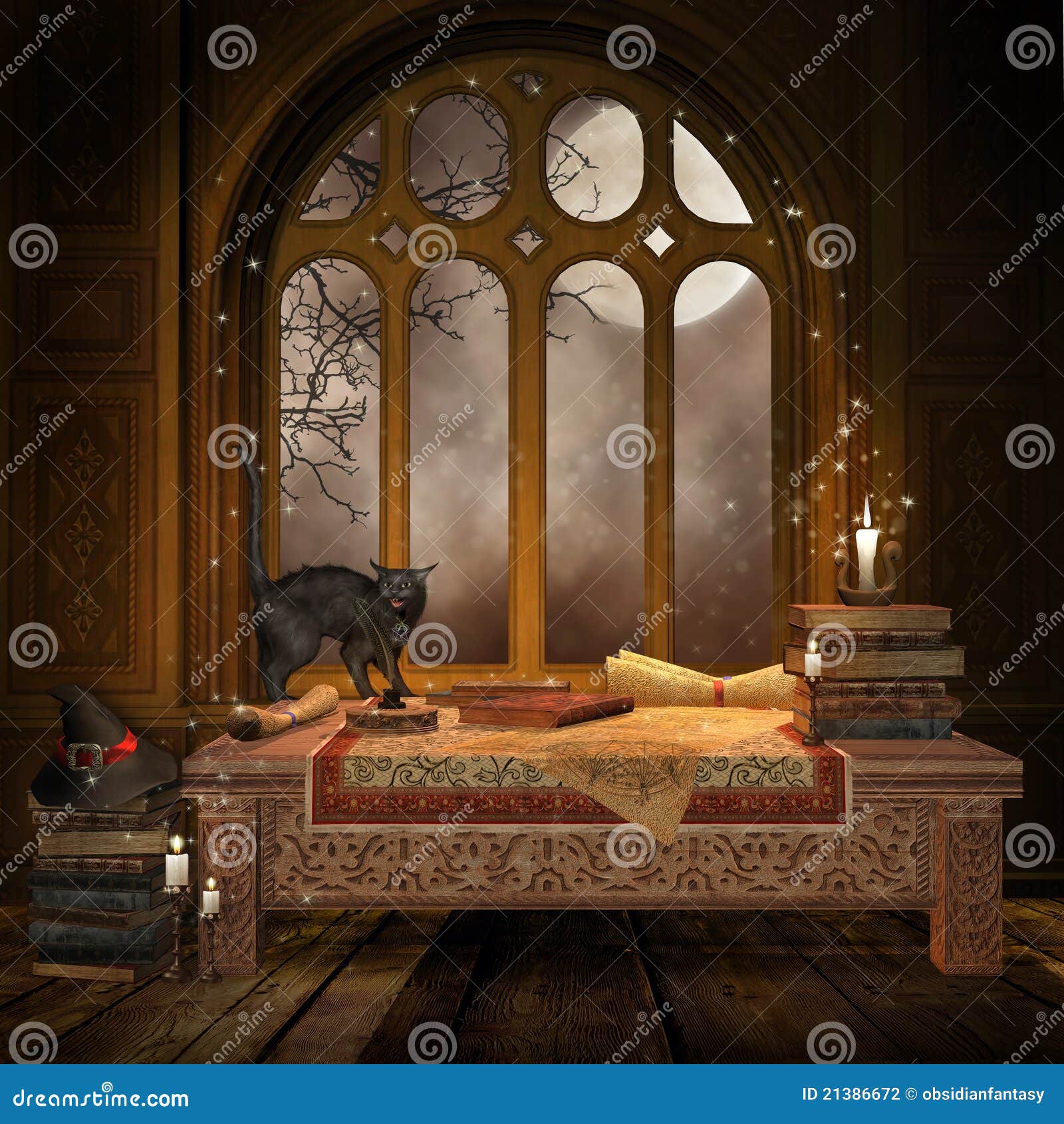Fantasy Desk with Books and Scrolls Stock Illustration - Illustration ...