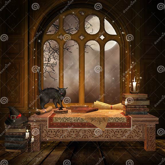 Fantasy Desk with Books and Scrolls Stock Illustration - Illustration ...