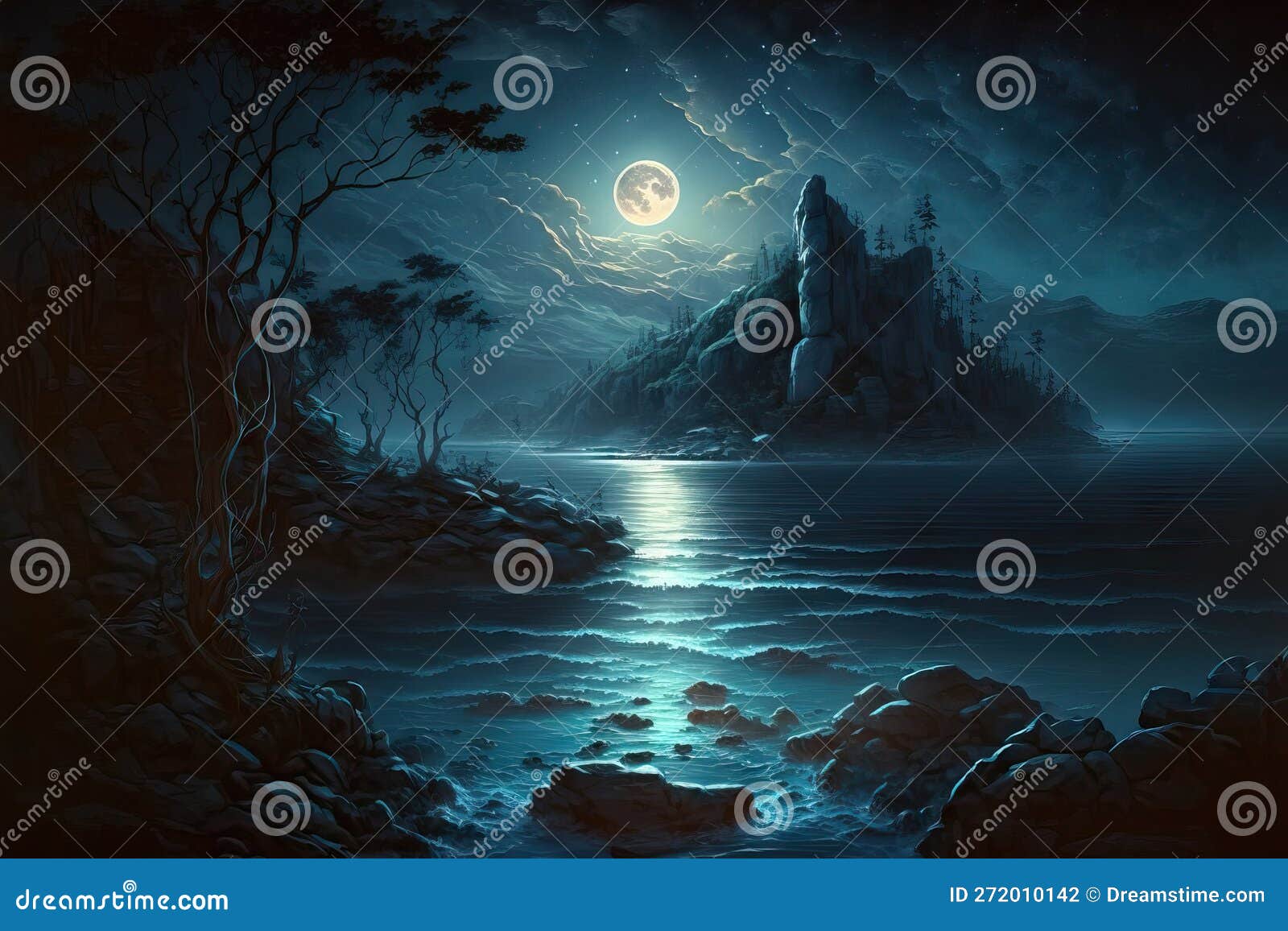 Fantasy Digital Painting of a Calm Water Landscape Stock Illustration ...