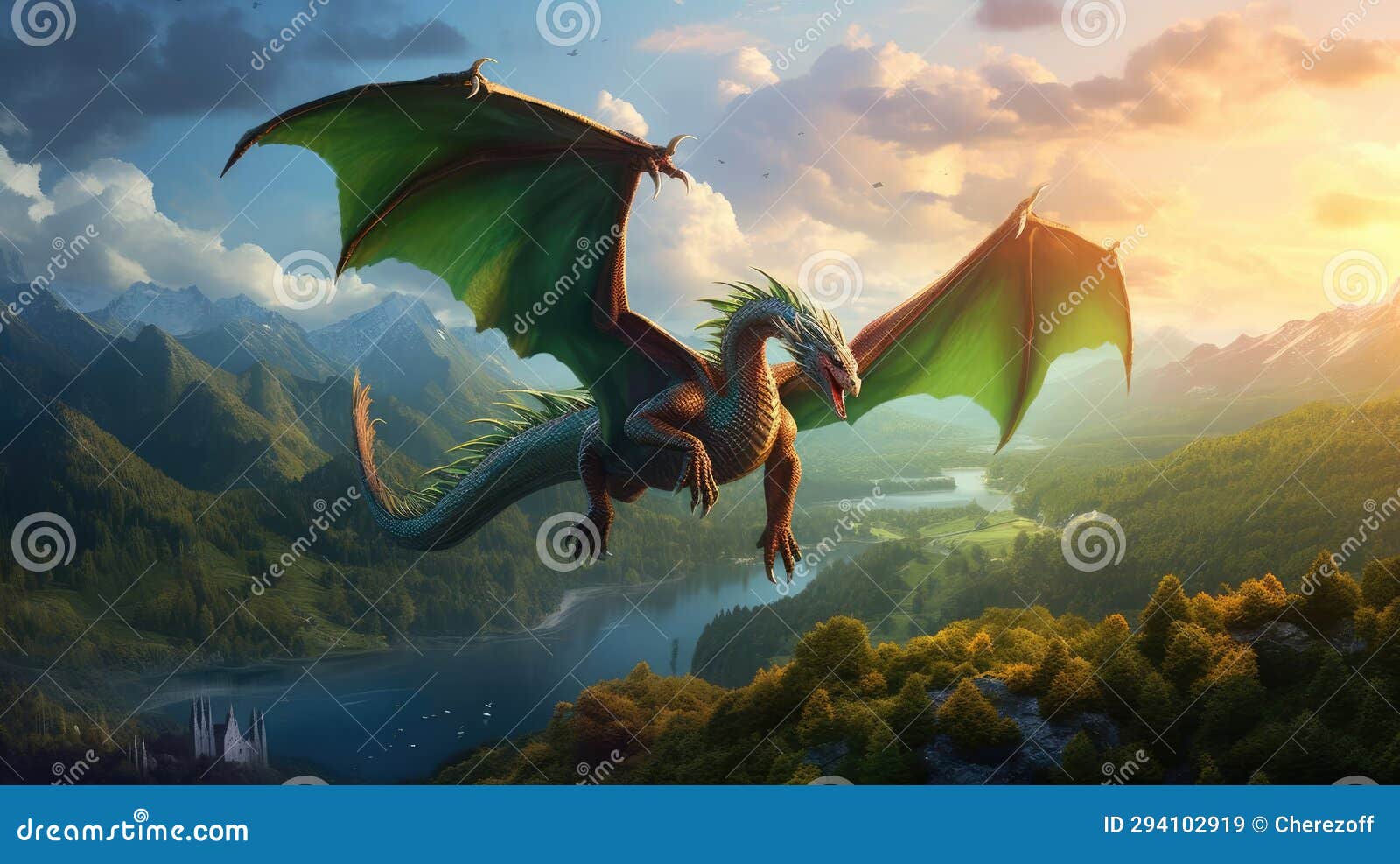 Fantasy Dragon in a Beautiful Landscape Stock Illustration ...