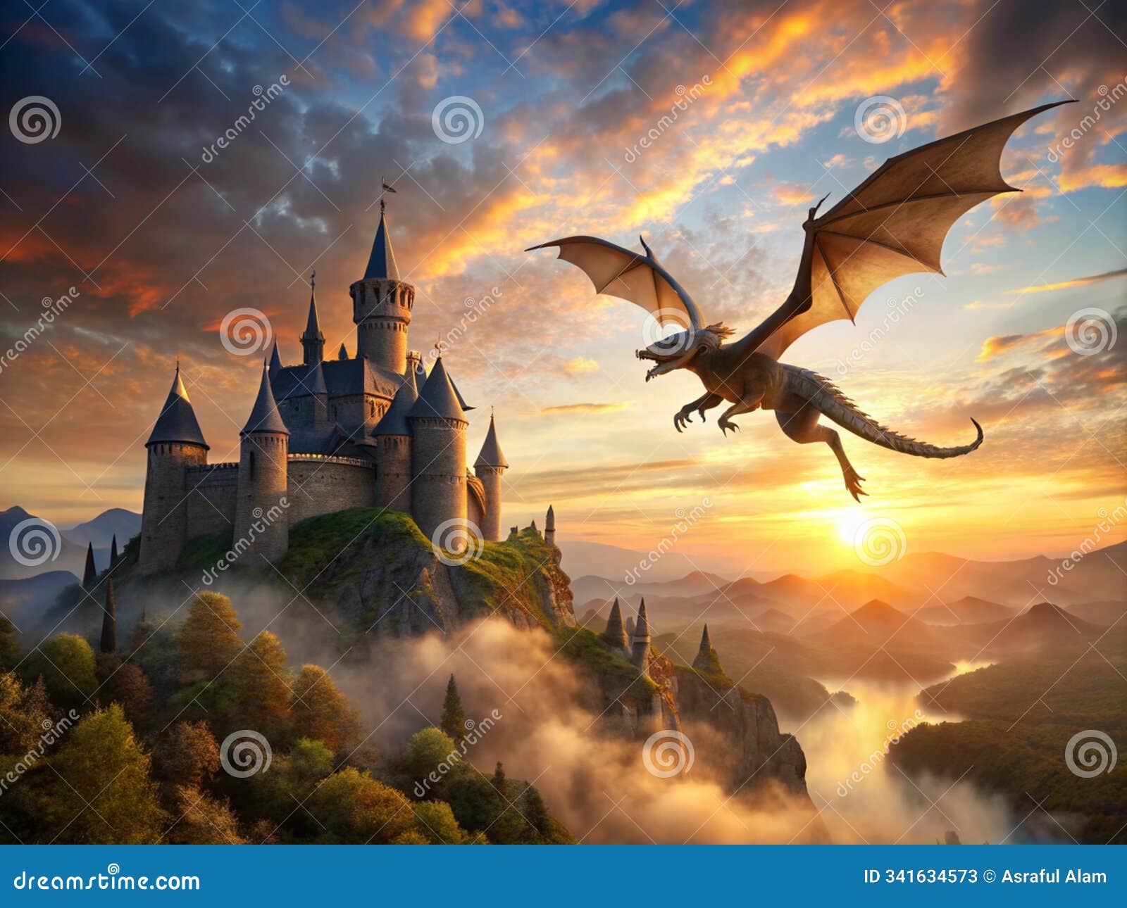 Fantasy Dragon Flying Over a Castle at Dawn Stock Illustration ...