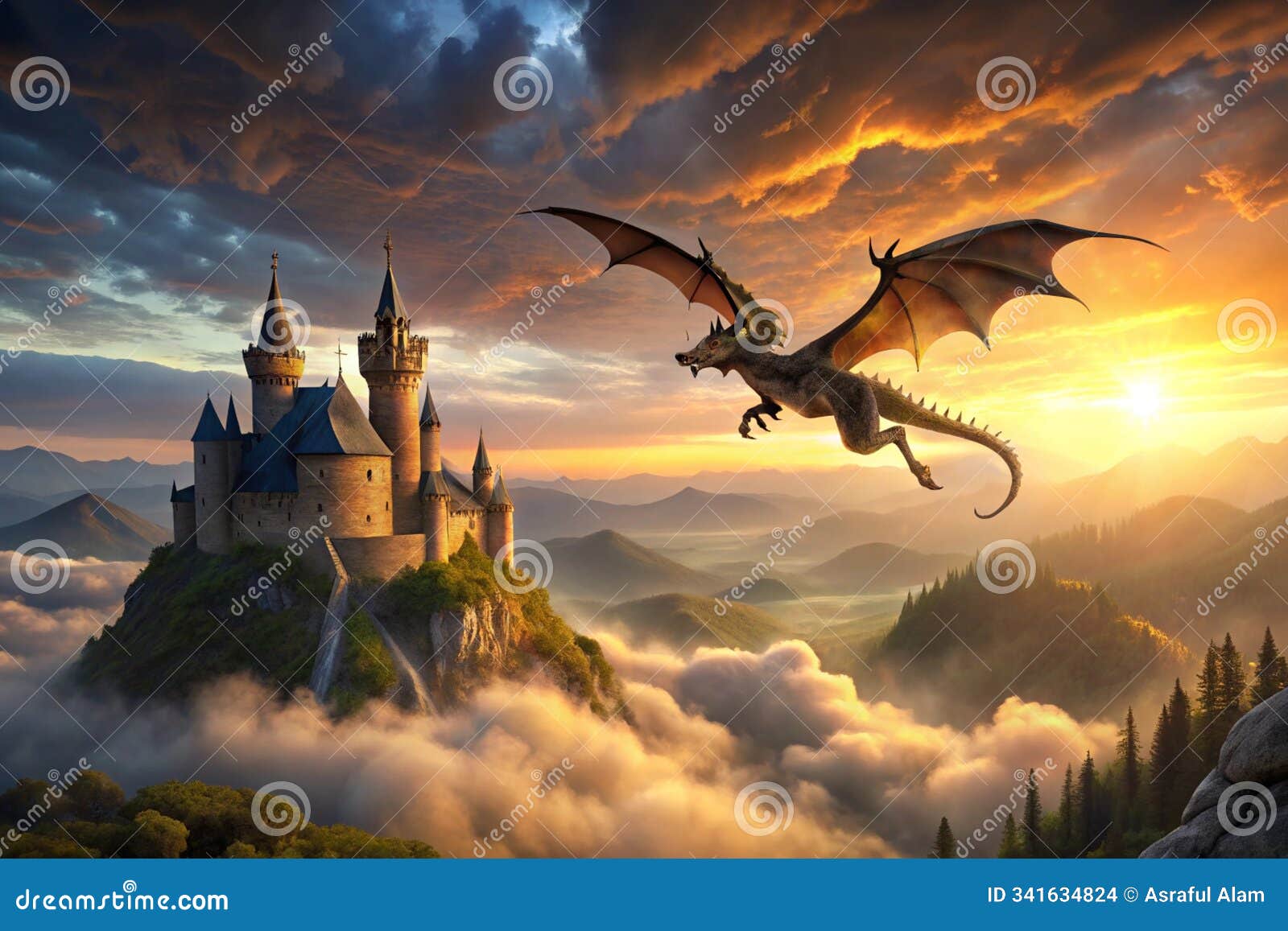 Fantasy Dragon Flying Over a Castle at Dawn Stock Illustration ...