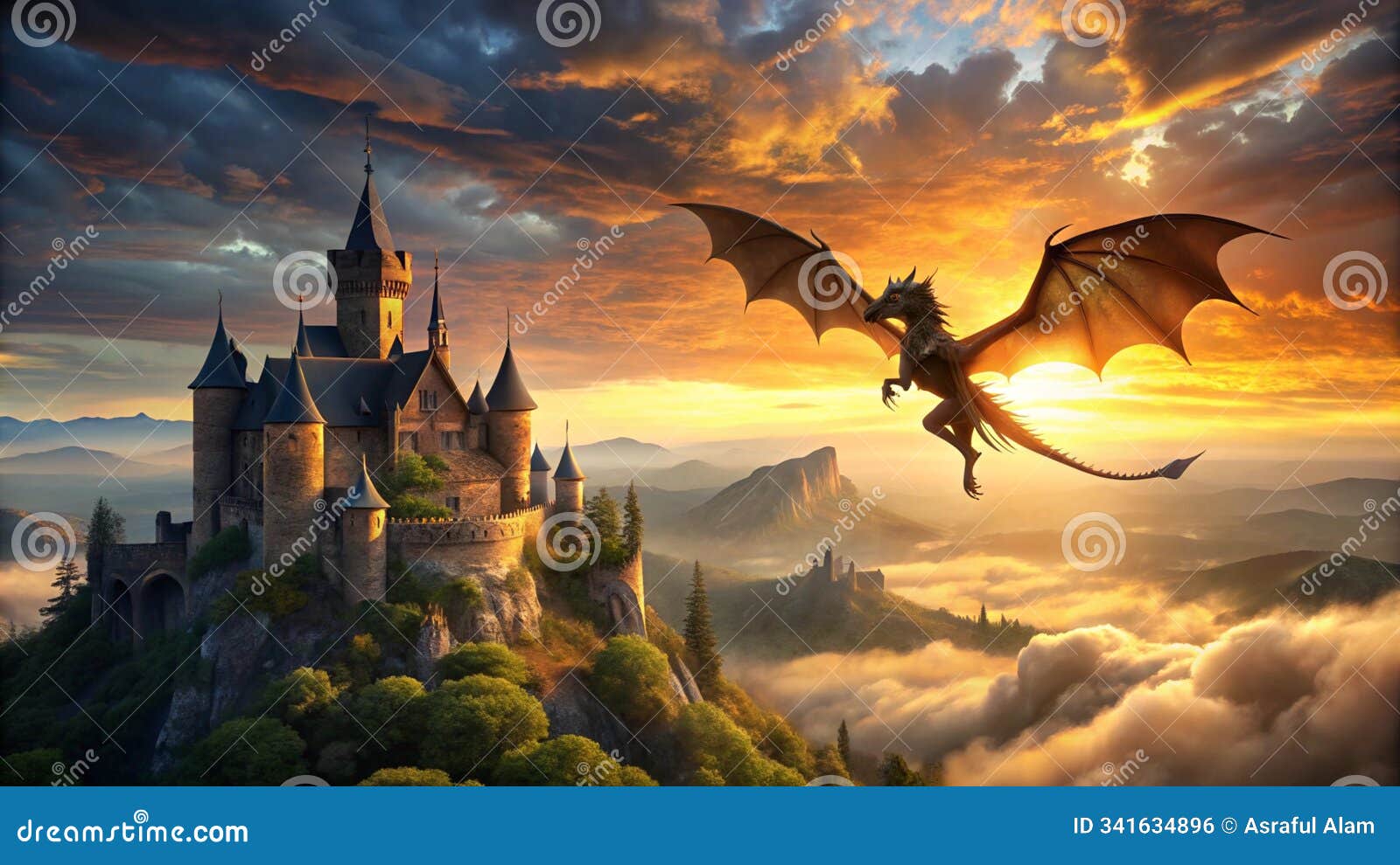 Fantasy Dragon Flying Over a Castle at Dawn Stock Illustration ...