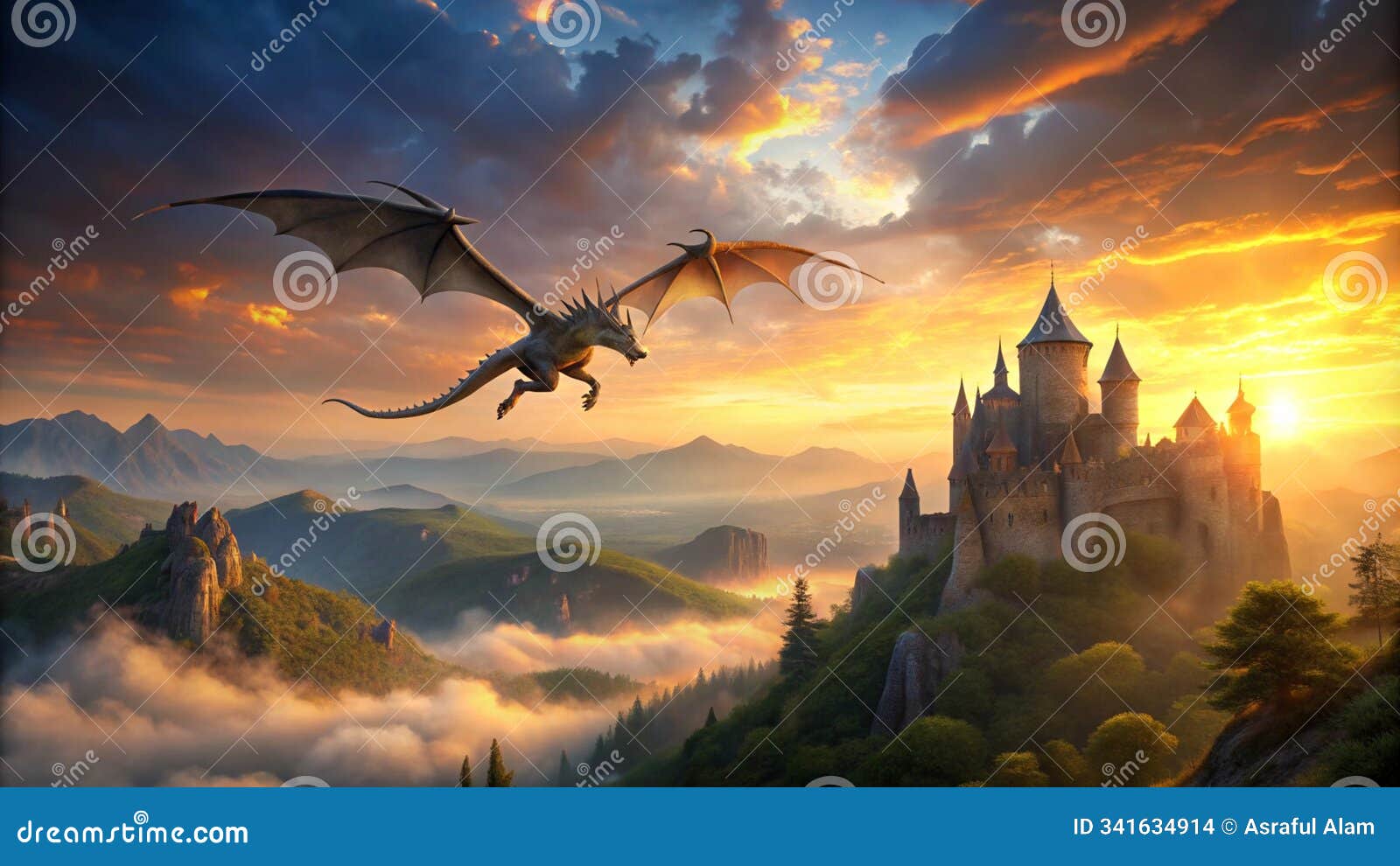 Fantasy Dragon Flying Over a Castle at Dawn Stock Illustration ...