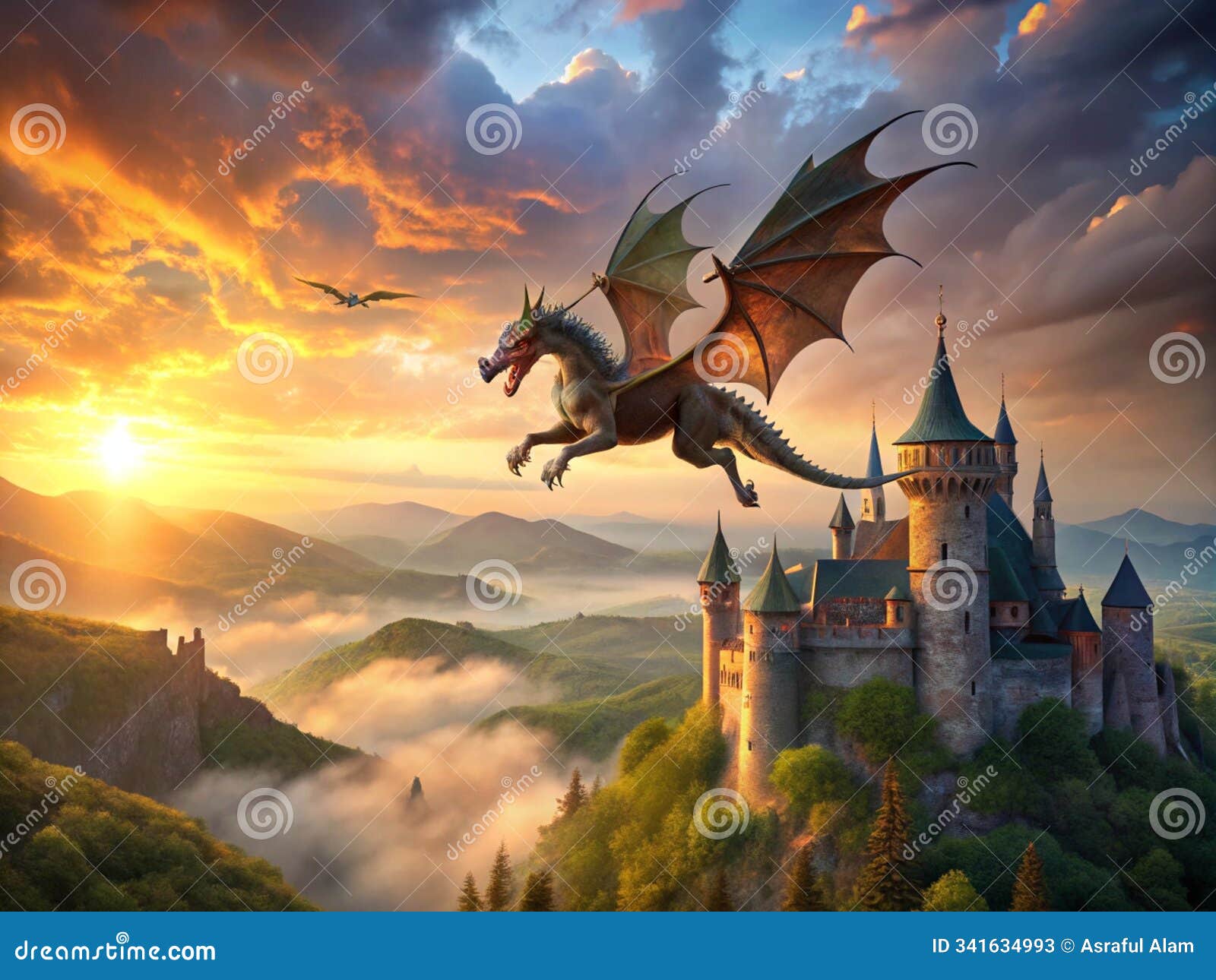 Fantasy Dragon Flying Over a Castle at Dawn Stock Illustration ...