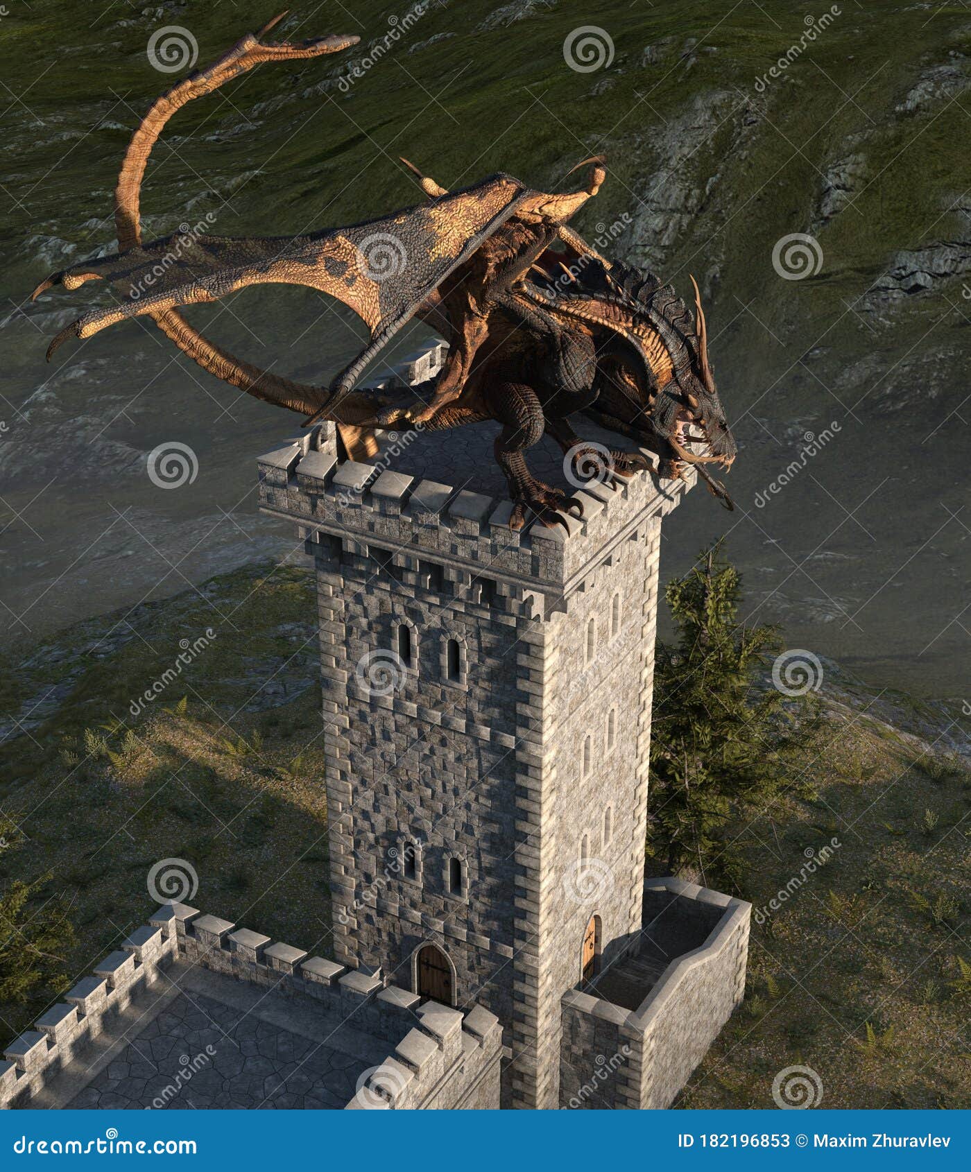 Fantasy Dragon and Medieval Tower 3d Illustration Stock Illustration ...