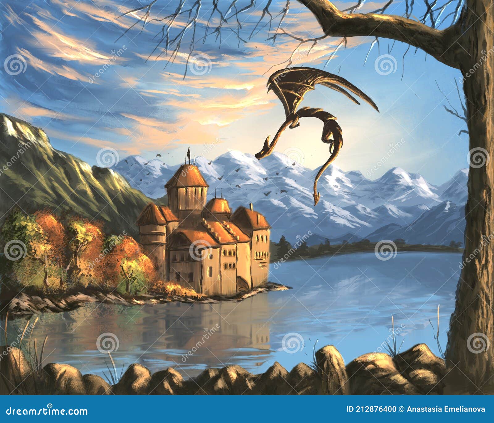 Fantasy Dragon Over the Castle Stock Illustration - Illustration of ...