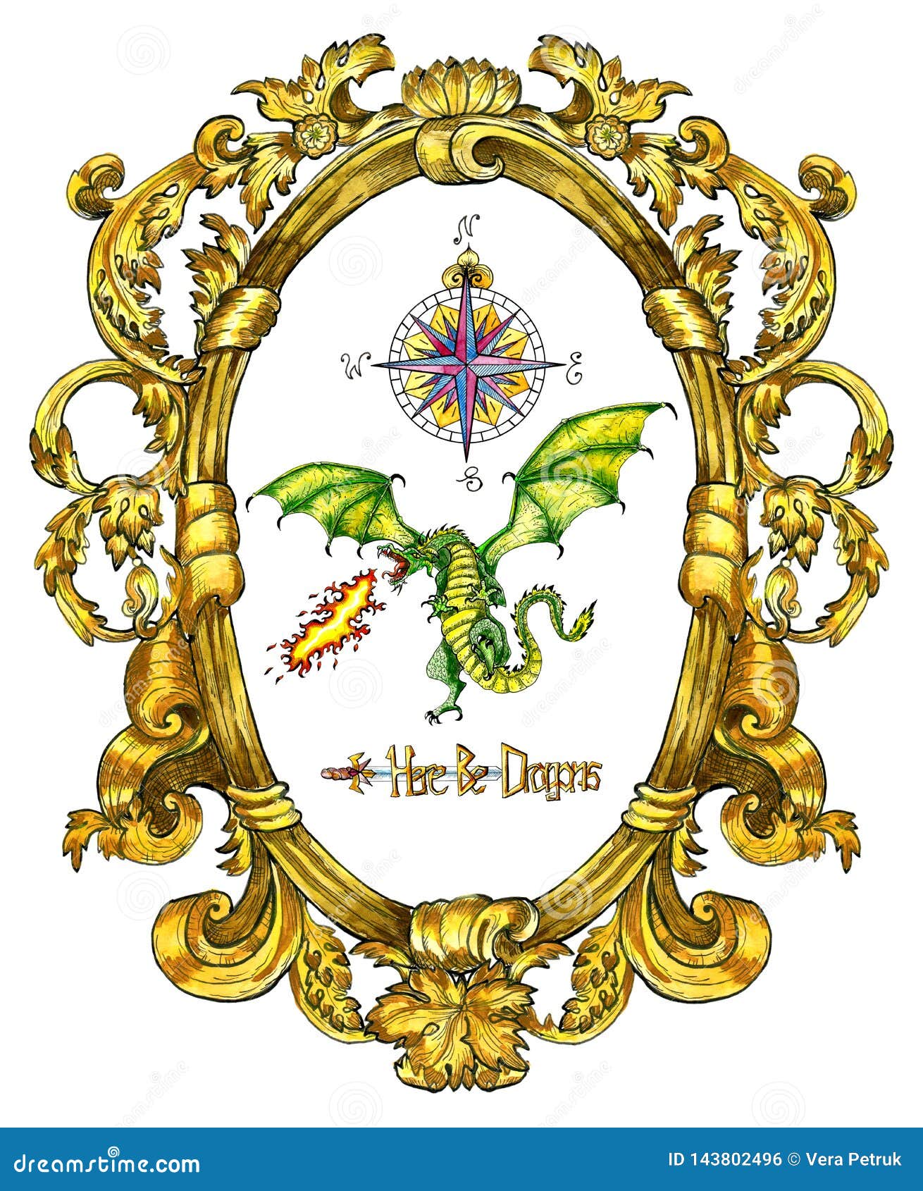 Fantasy Dragon Snorting Fire, Compass in Baroque Decorated Frame ...
