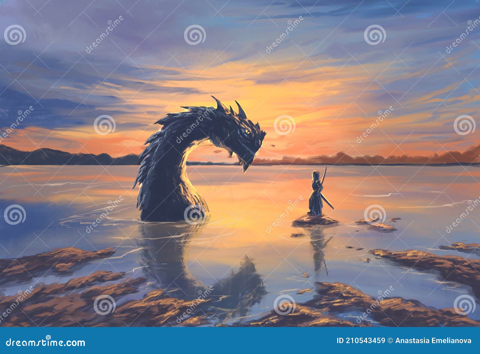 Fantasy Dragon in the Water Stock Illustration - Illustration of ...