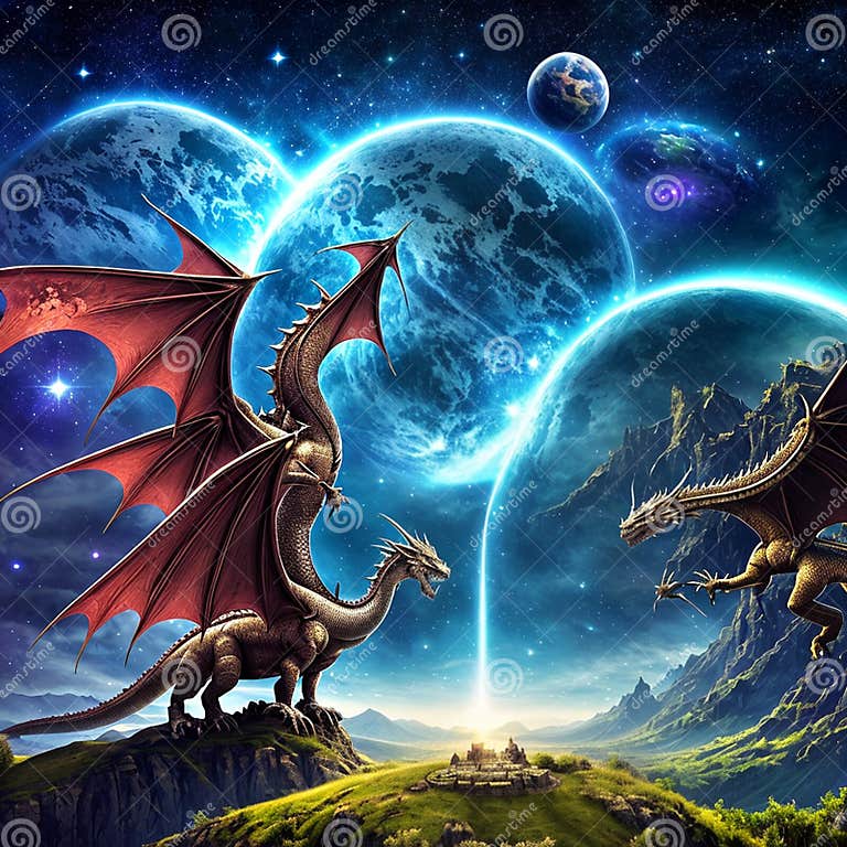 Fantasy Dragons in Colorful Space - AI Generated Stock Illustration ...