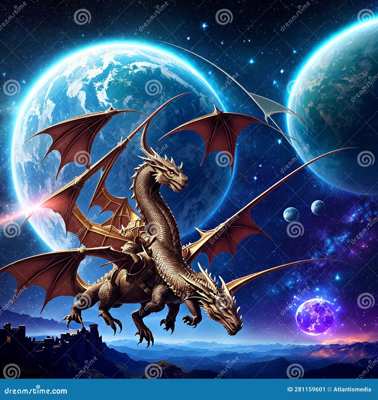 Fantasy Dragons in Colorful Space - AI Generated Stock Illustration ...