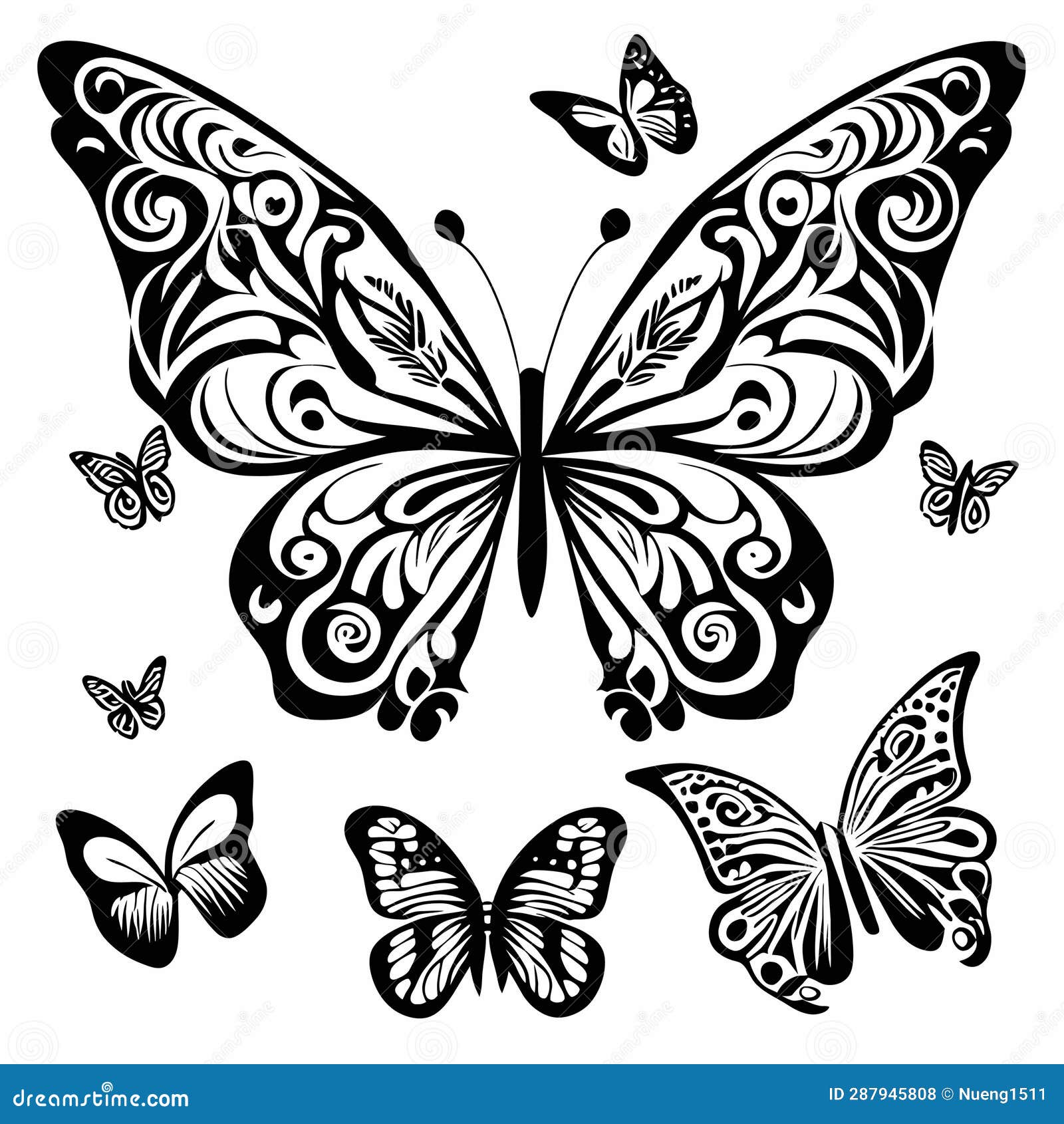 Fantasy Drawing Batterfly Papillon Silhouette Outline Stock Vector ...
